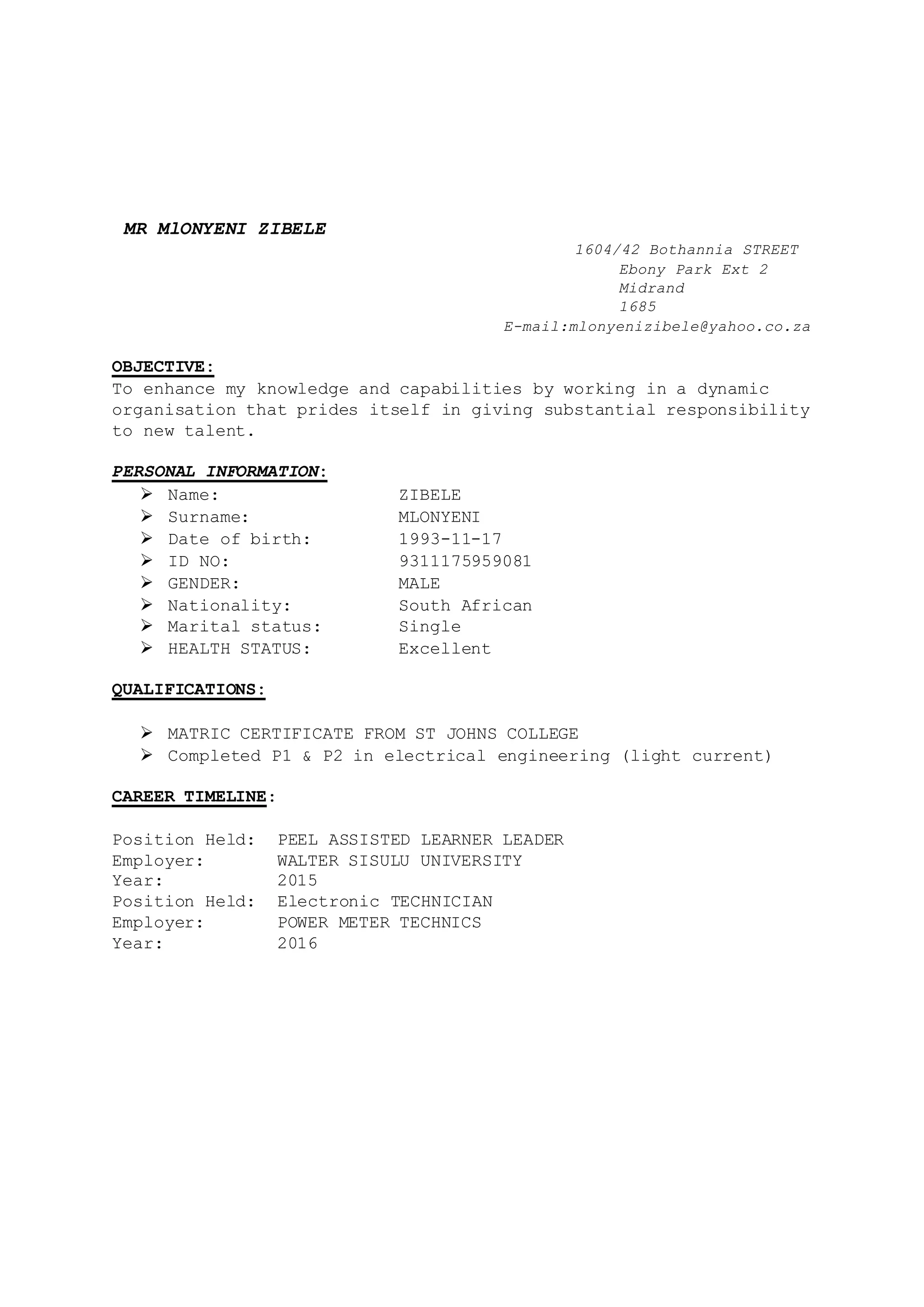 Mlonyeni ZibeleCV | PDF