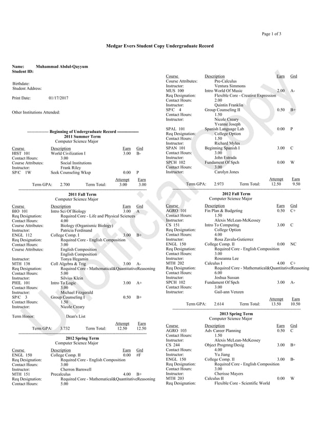 Medgar Evers Transcript - Degrees Awarded | PDF