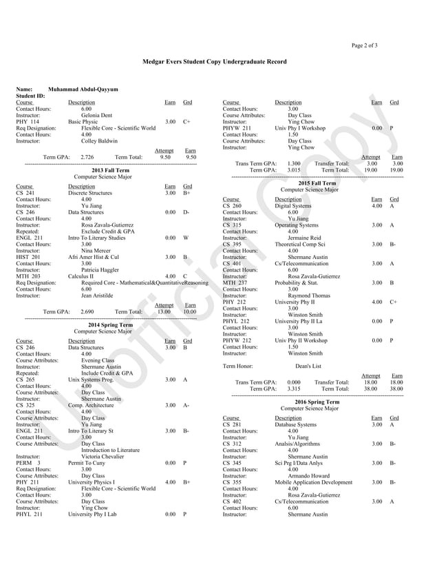 Medgar Evers Transcript - Degrees Awarded | PDF