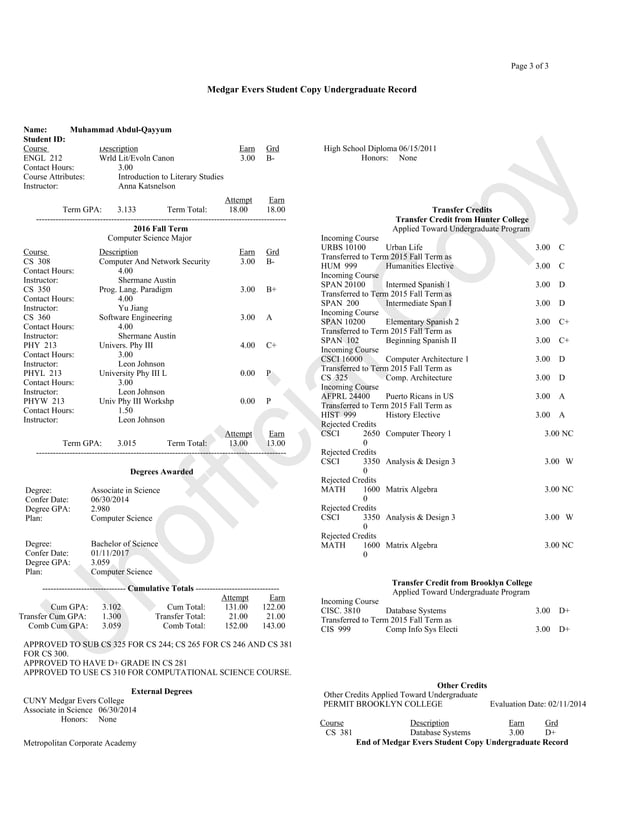 Medgar Evers Transcript - Degrees Awarded | PDF