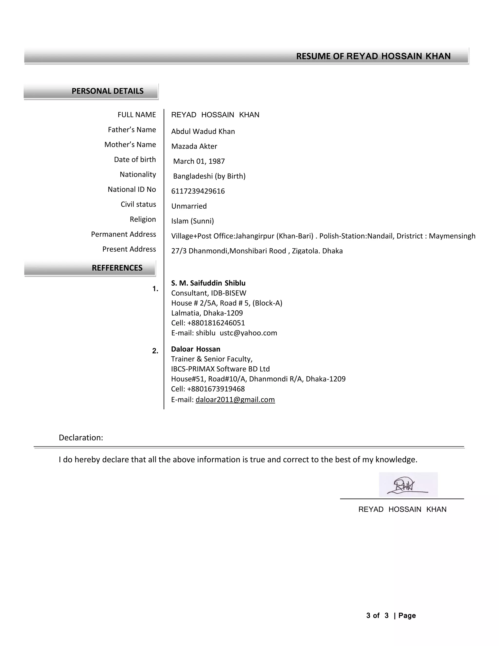 Resume of Reyad Hossain Khan | PDF