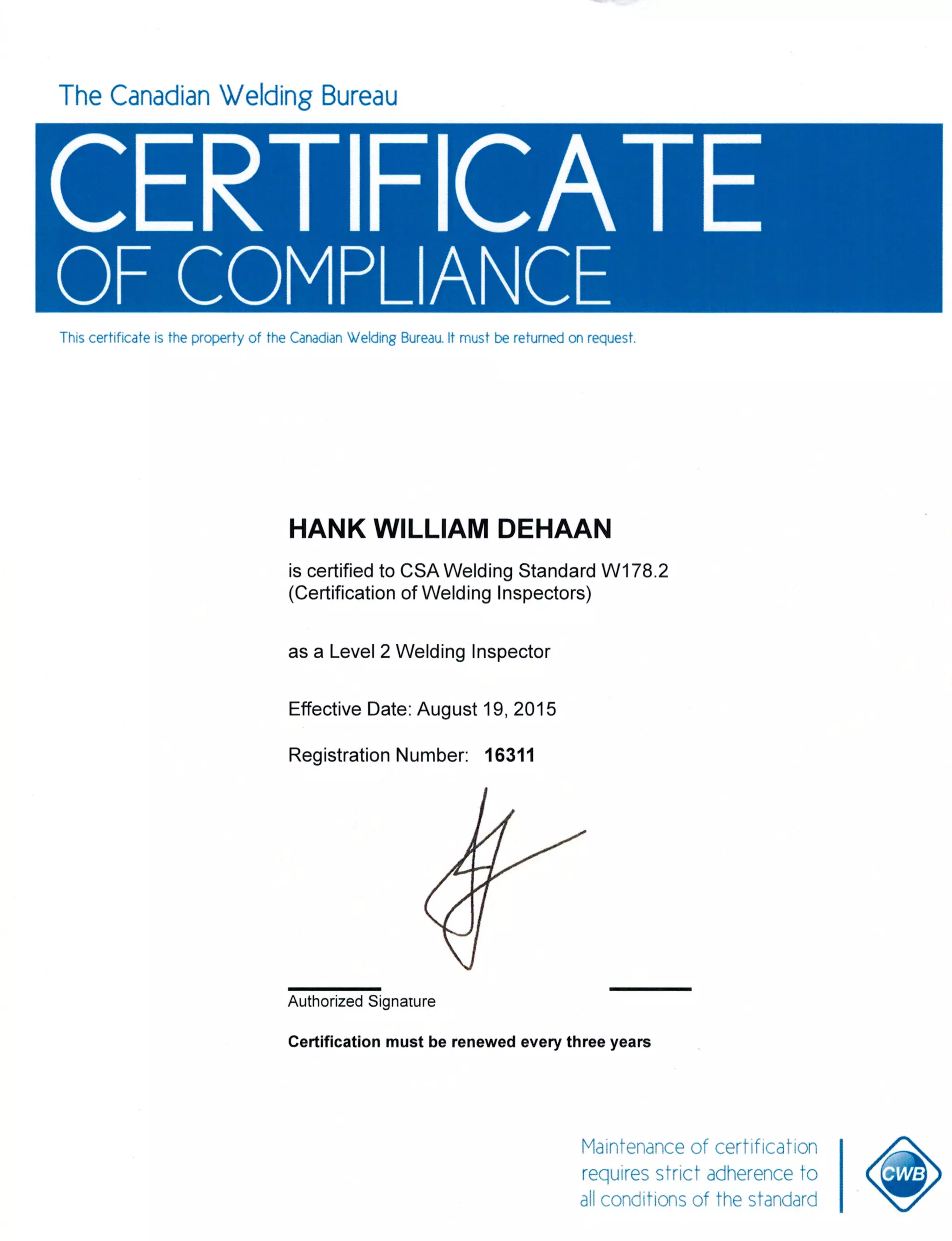 Hank DeHaan CWB Level 2 Certificate | PDF