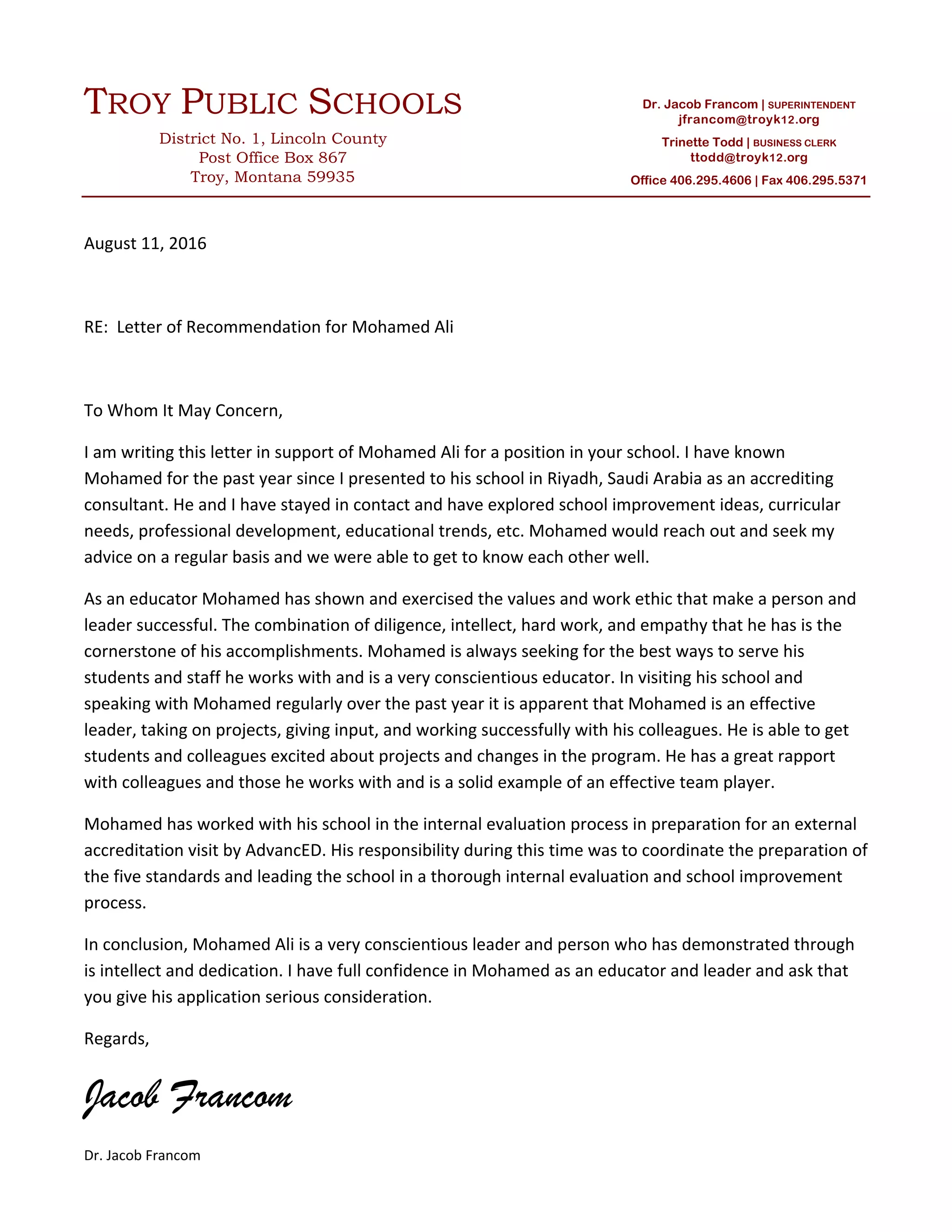Ali, Mohamed, Letter of Recommendation (1) | PDF