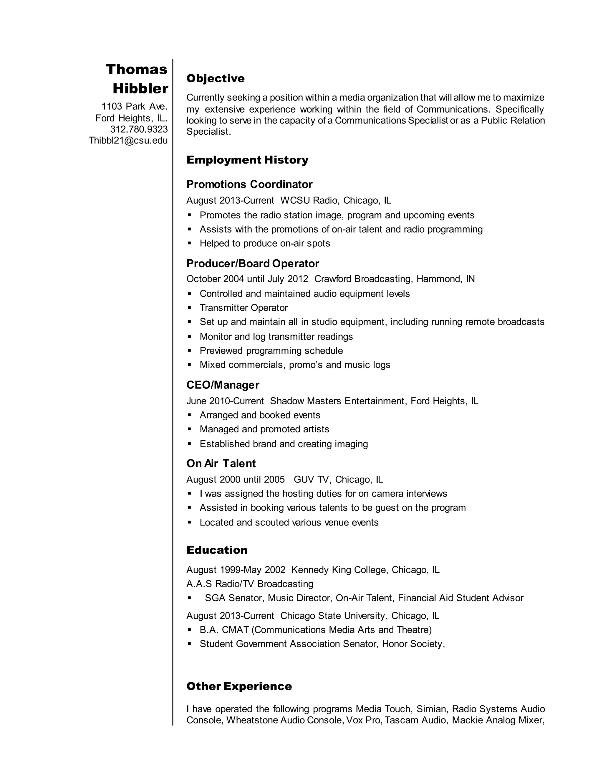 Thomas Hibbler Broadcasting Resume | DOCX | Technology & Computing