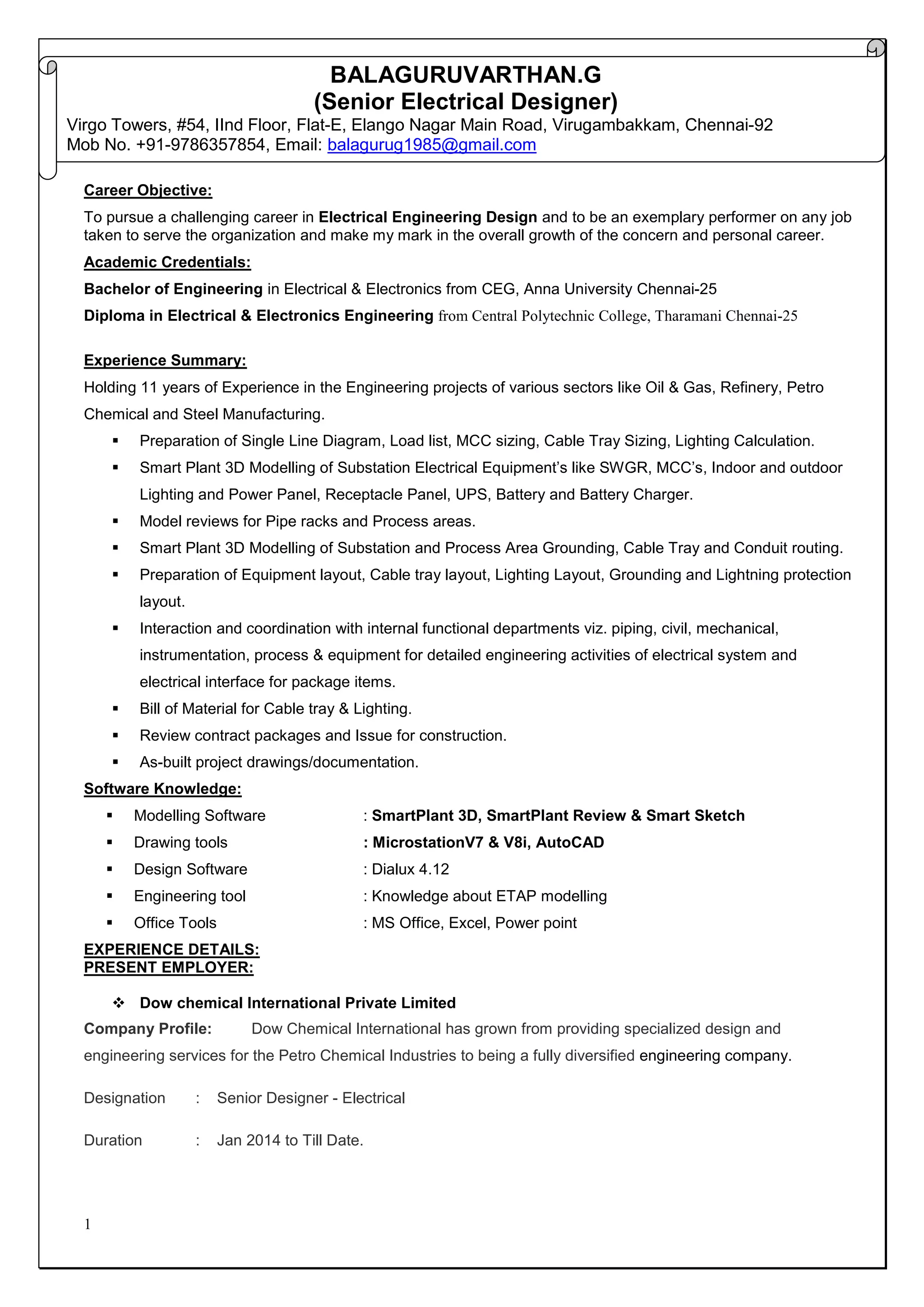 Balaguru.G_ Senior Electrical Designer | PDF