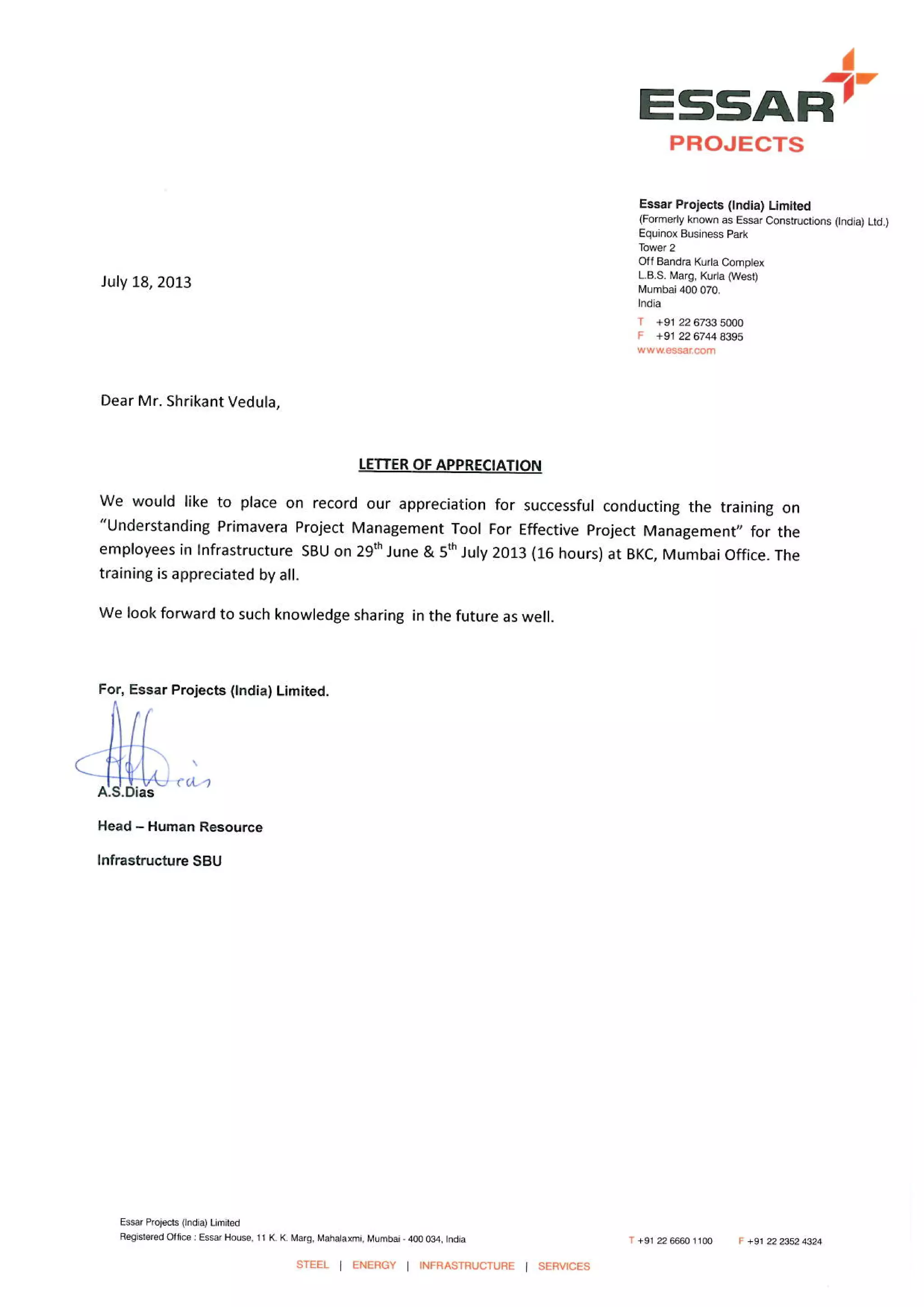 Letter Of Appreciation-Primavera Training | PDF