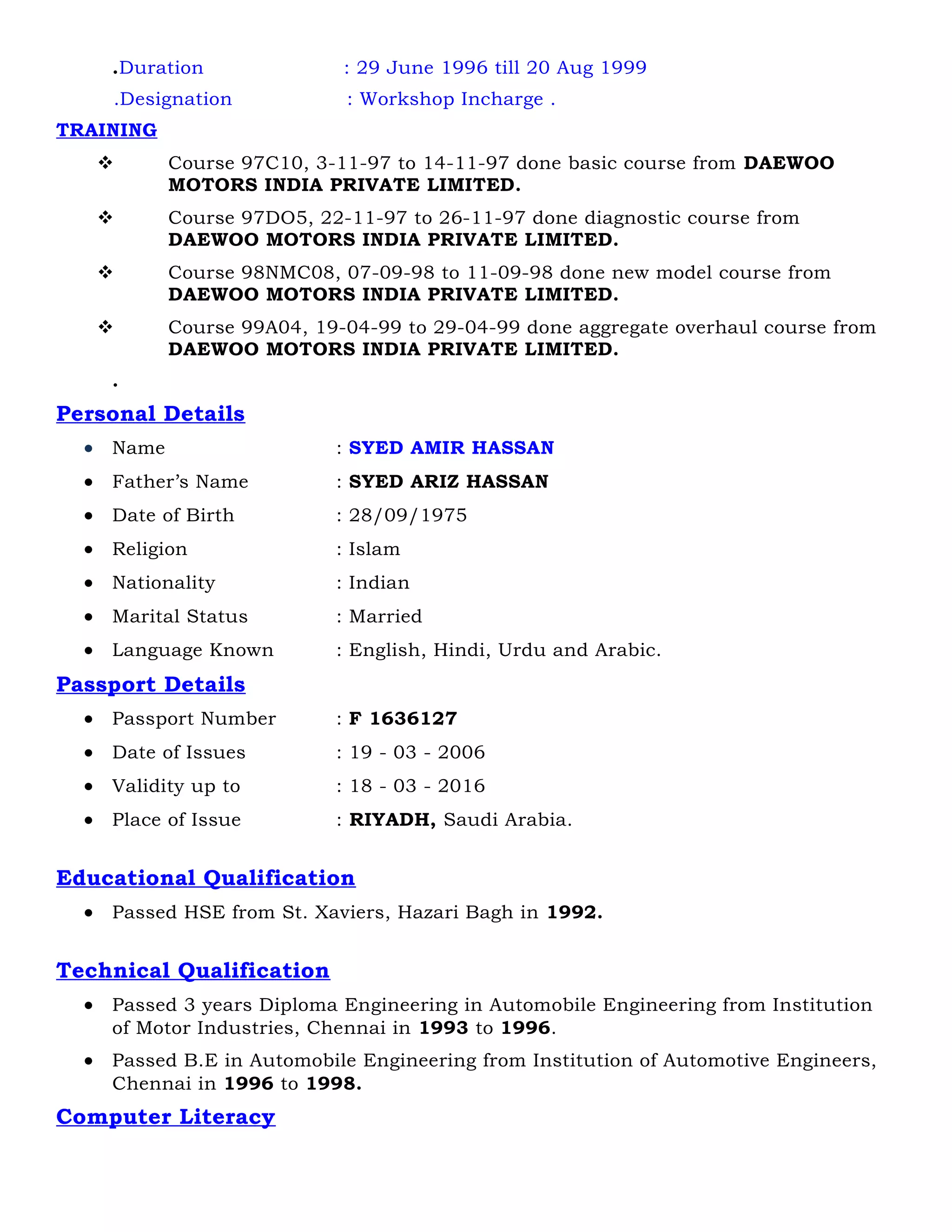 RESUME OF SYED AMIR HASSAN | PDF