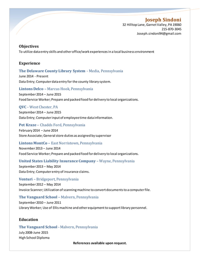 Joseph Sindoni Resume | DOCX