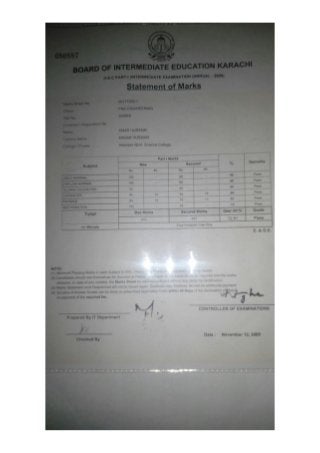College 1st Year Mark Sheet PDF