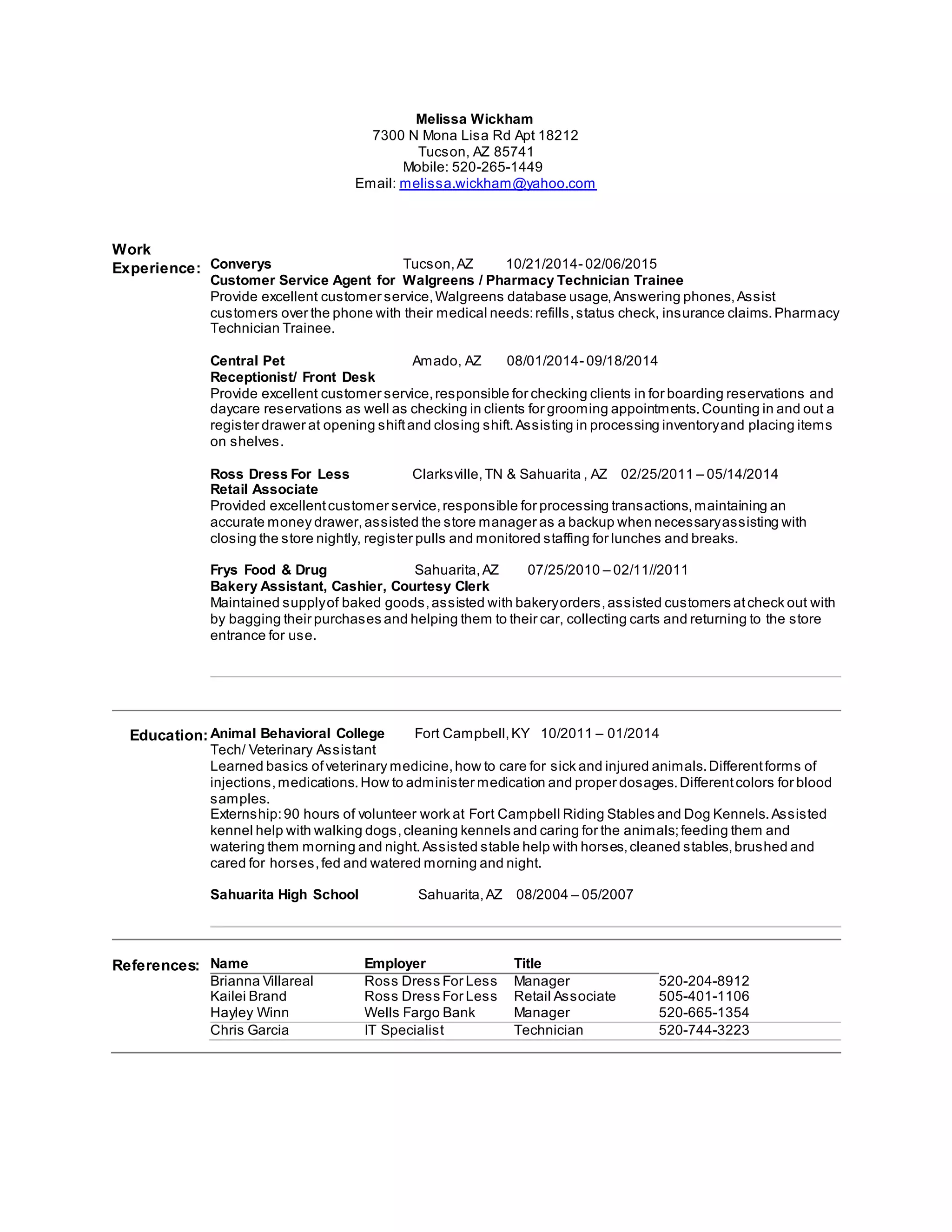 Melissaresume | DOCX | Veterinary Medicine | Pets