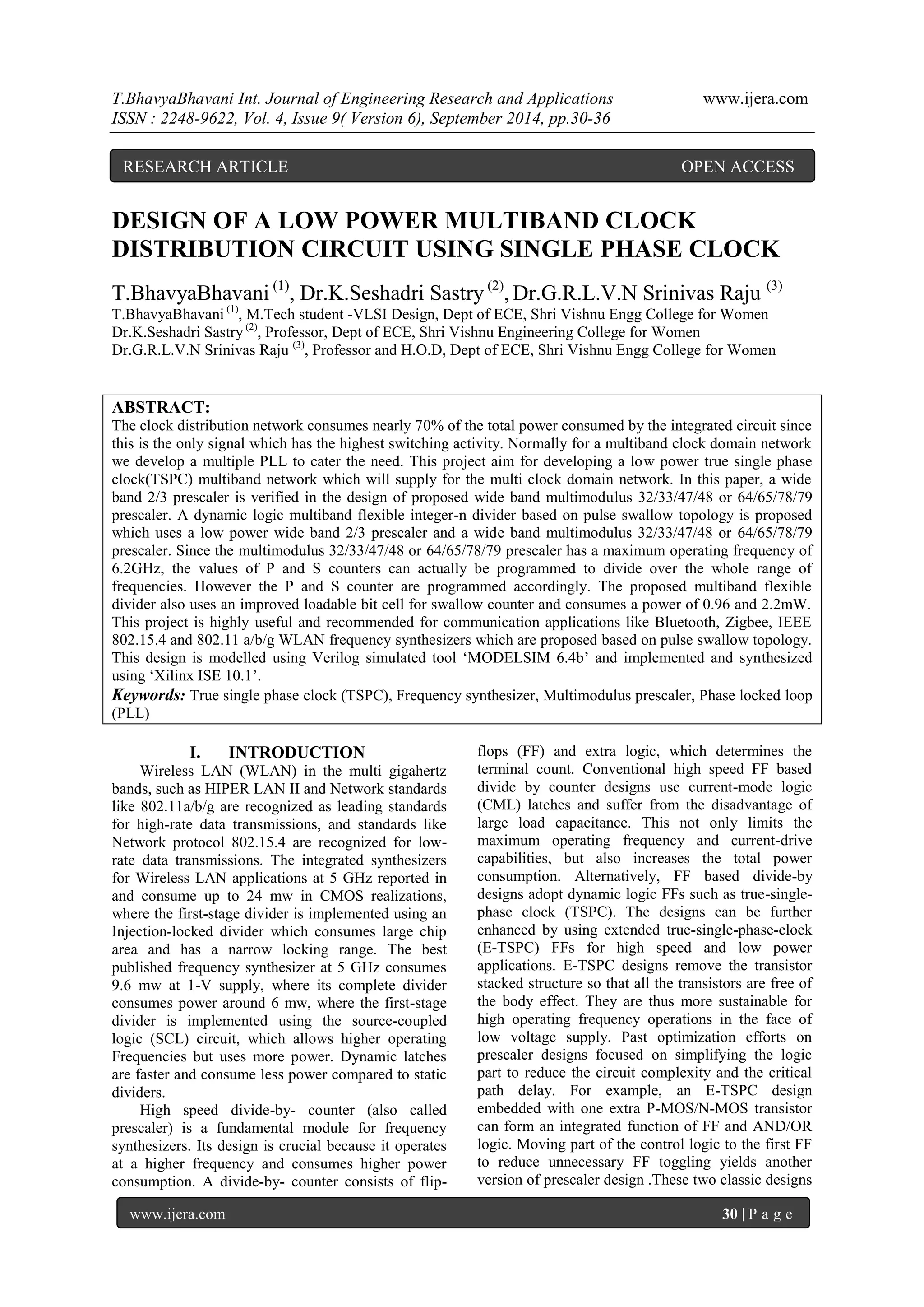 DESIGN OF A LOW POWER MULTIBAND CLOCK DISTRIBUTION CIRCUIT USING SINGLE ...
