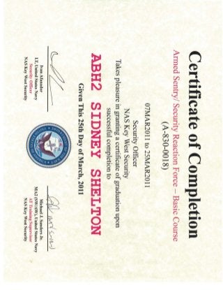 Certificate - Armed Sentry, Security Reaction Force 2011