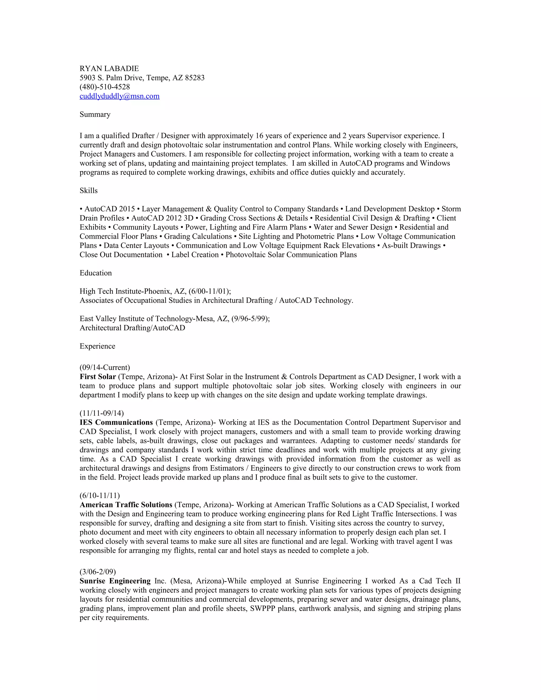 Ryan Labadie 2016 Resume | DOC