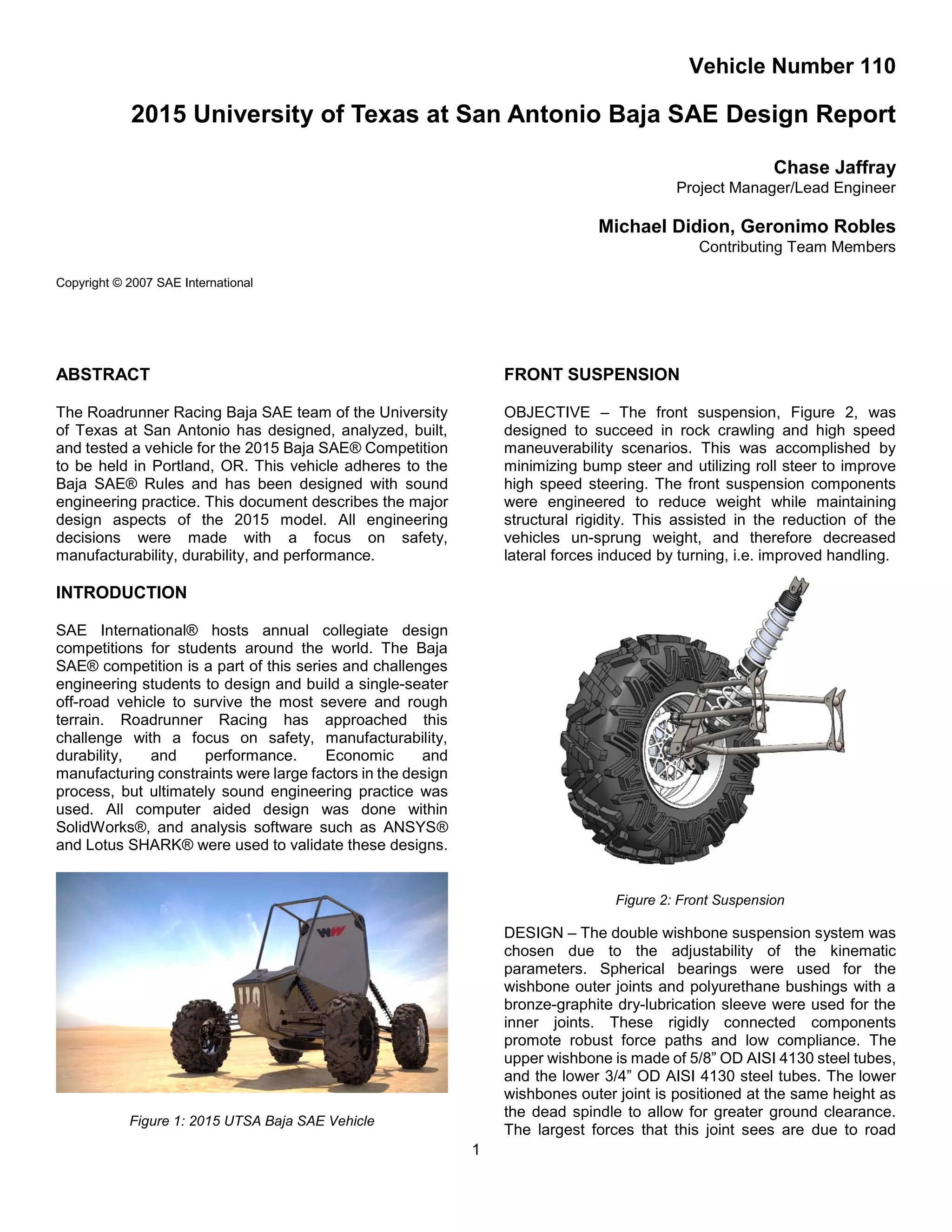 2015 UTSA Baja SAE Design Report | PDF