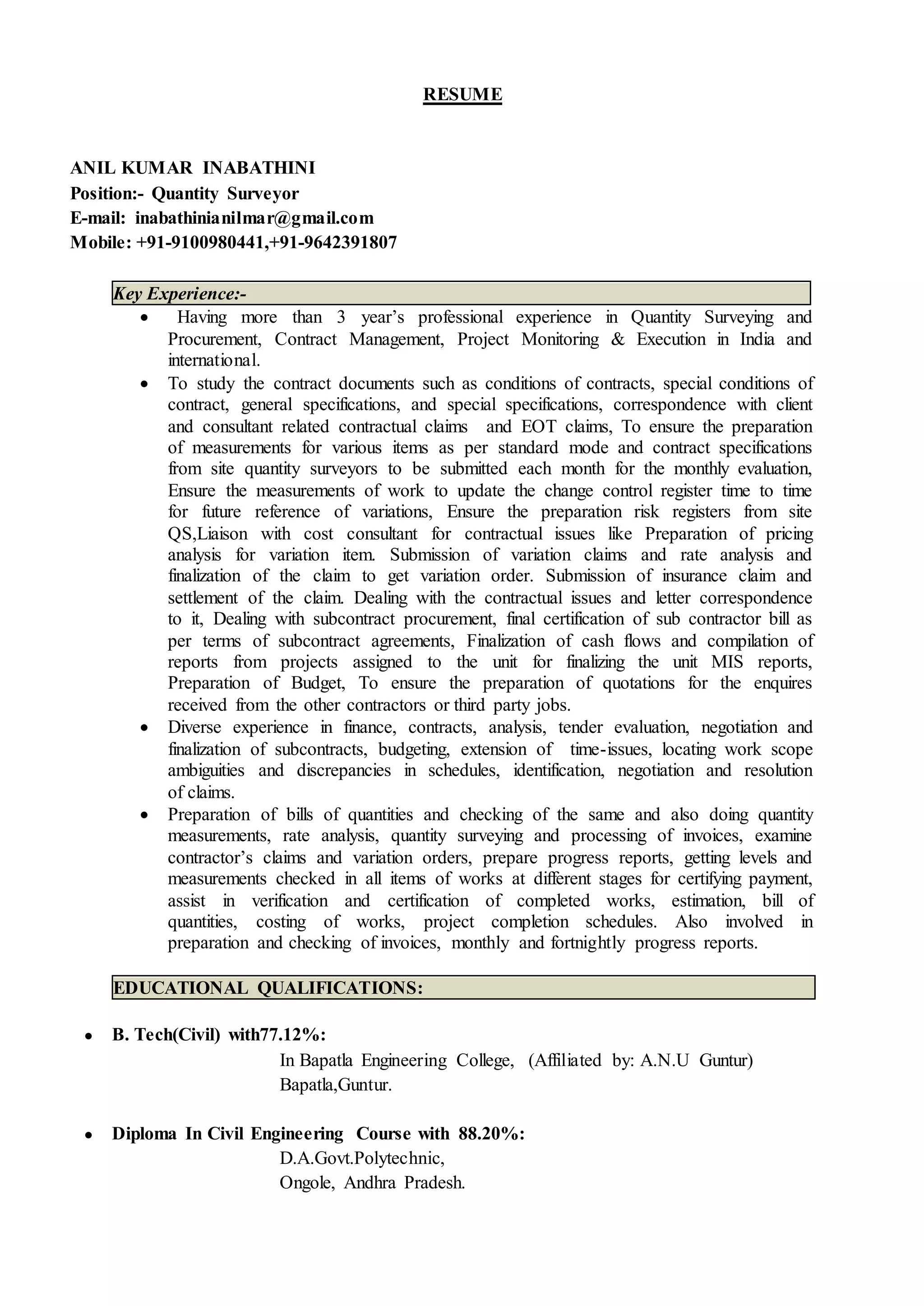 Anil Resume | DOCX | Civil Engineering Industry | Industries