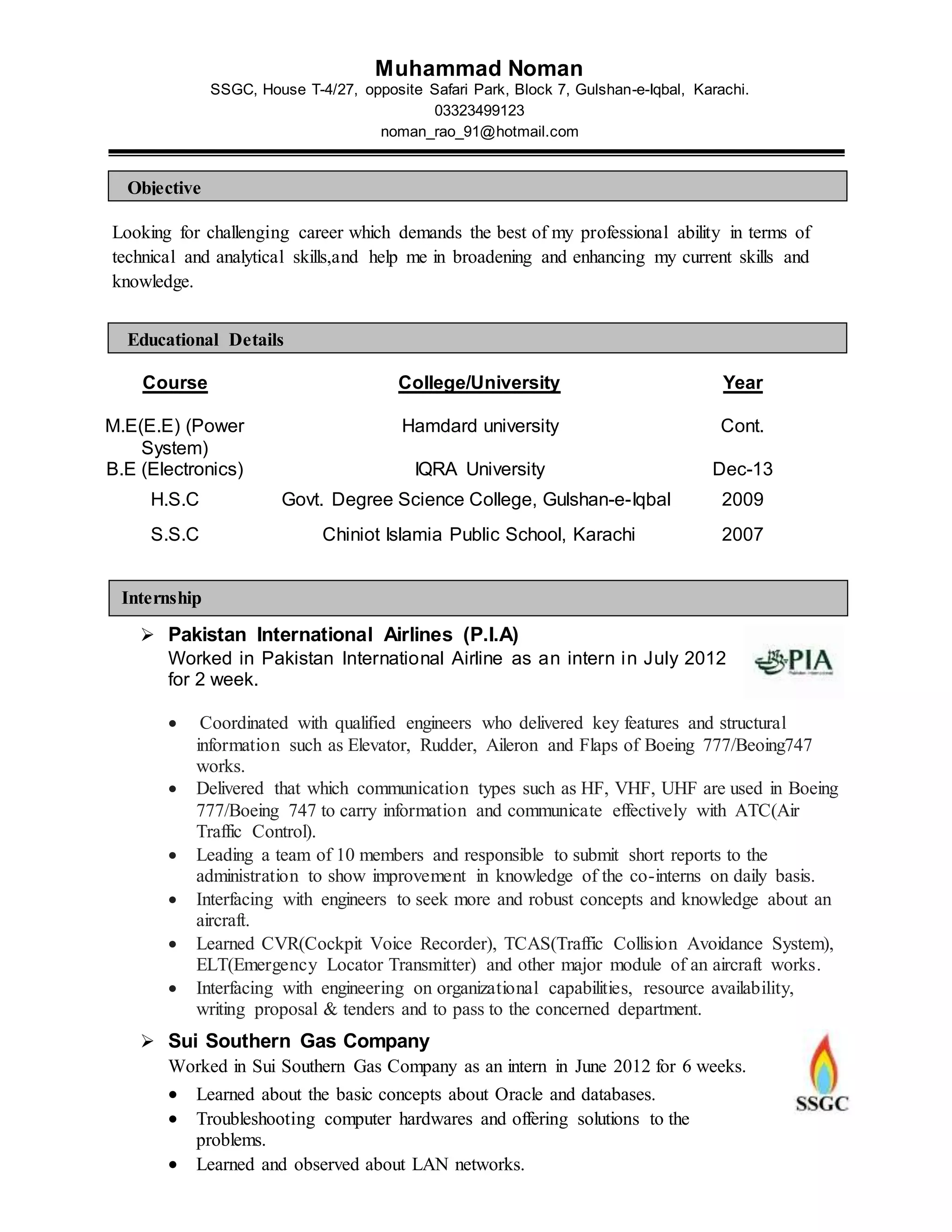 Muhammad noman_cv | DOCX | Aviation Industry | Industries