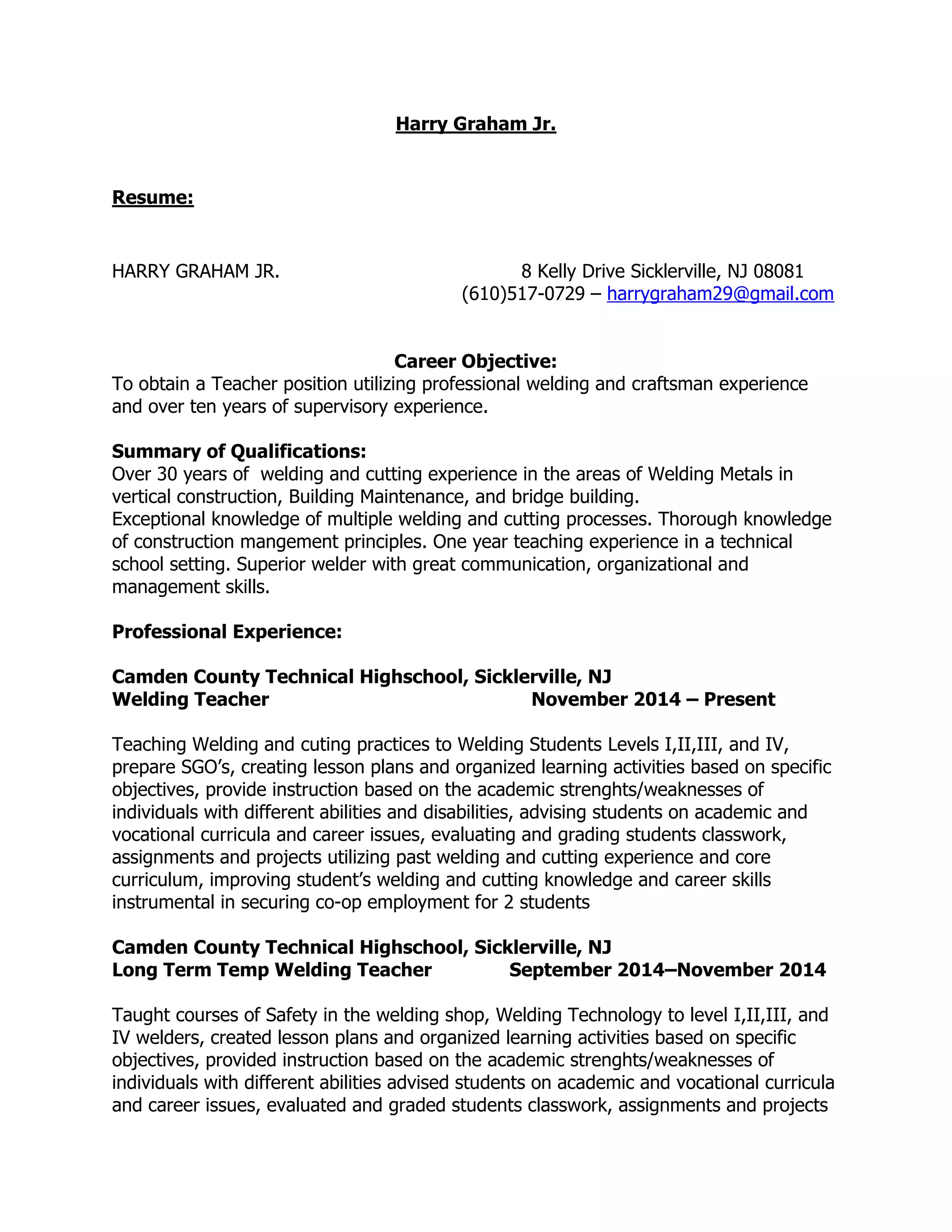 Harry Graham Teaching Resume | PDF | Construction Industry | Industries