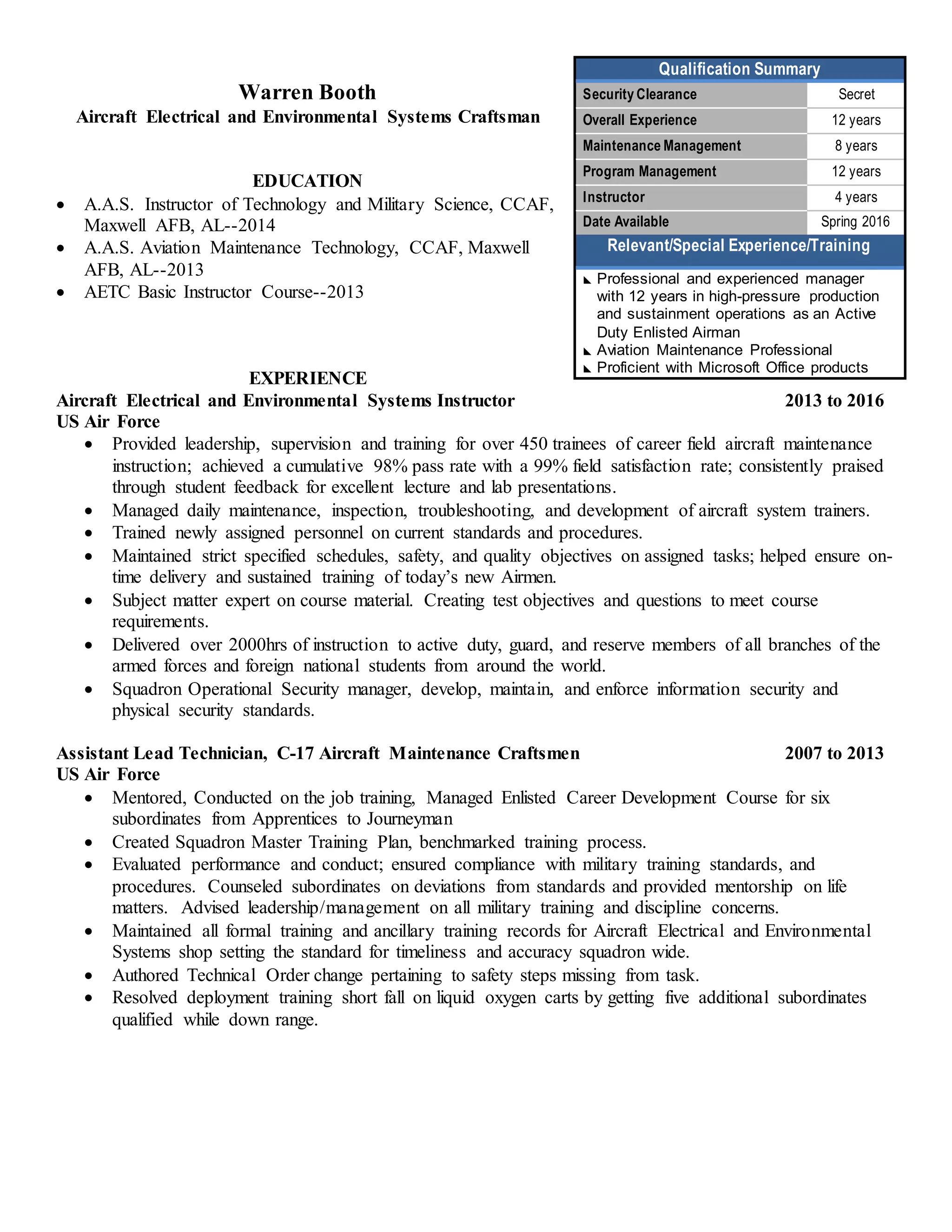 TTI_Booth_Warren_ Instructor _Resume | DOCX | Aviation Industry ...