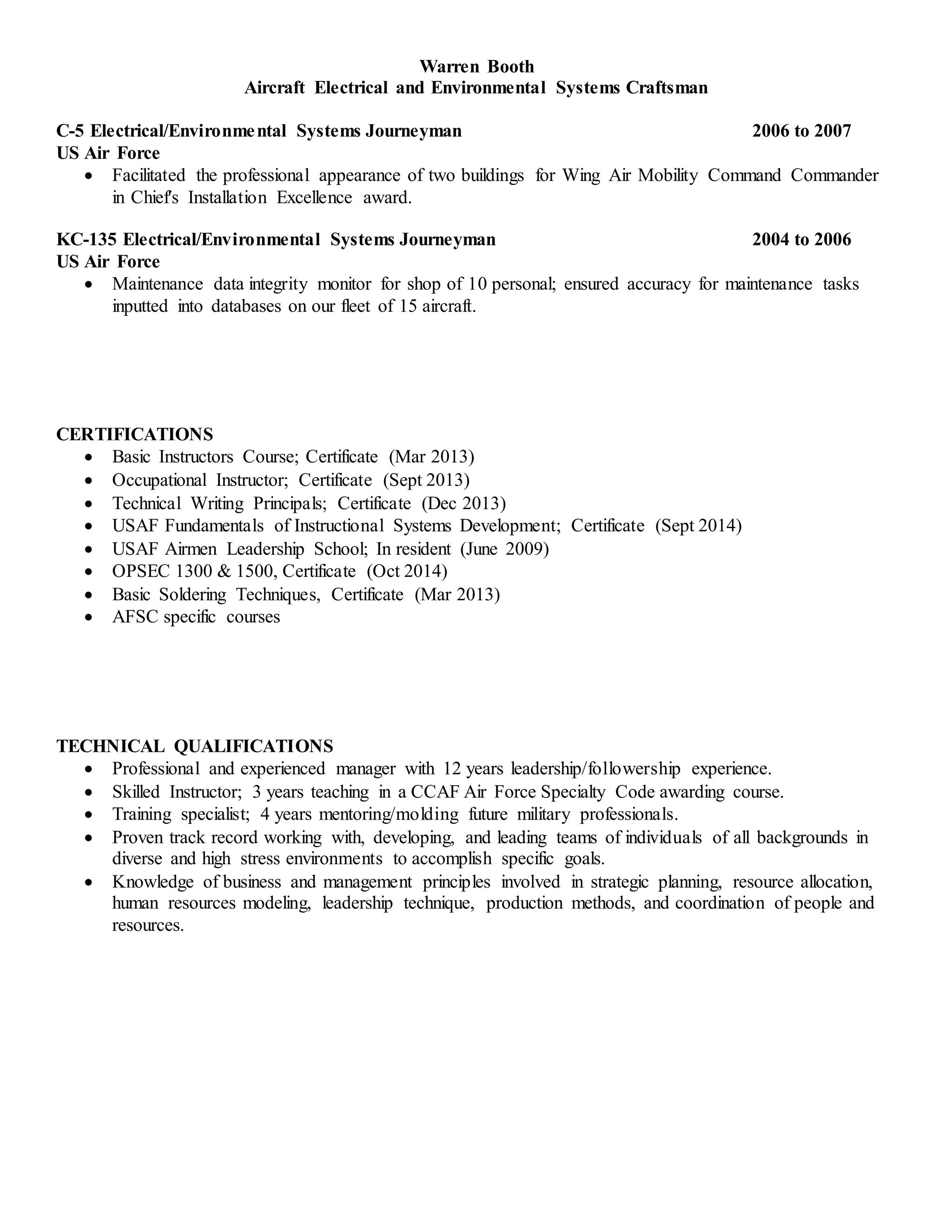 TTI_Booth_Warren_ Instructor _Resume | DOCX | Aviation Industry ...