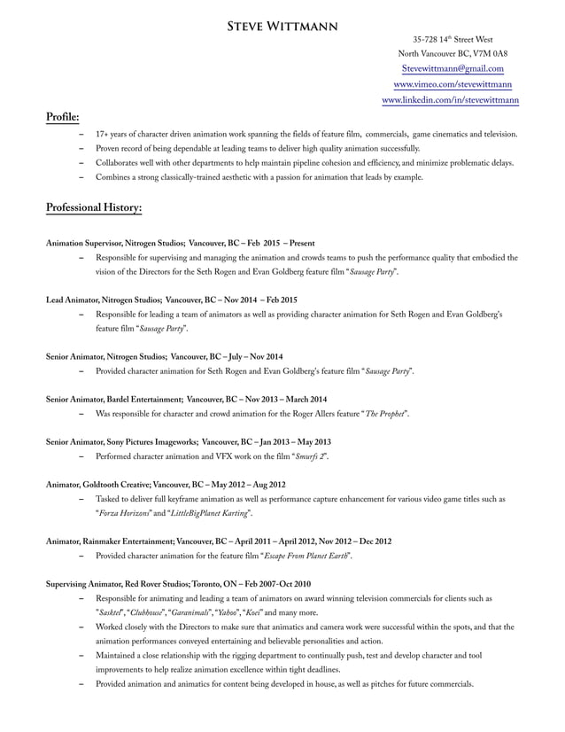 SteveWittmann_Resume_2017 | PDF | Computer Animation | Computer Software and Applications