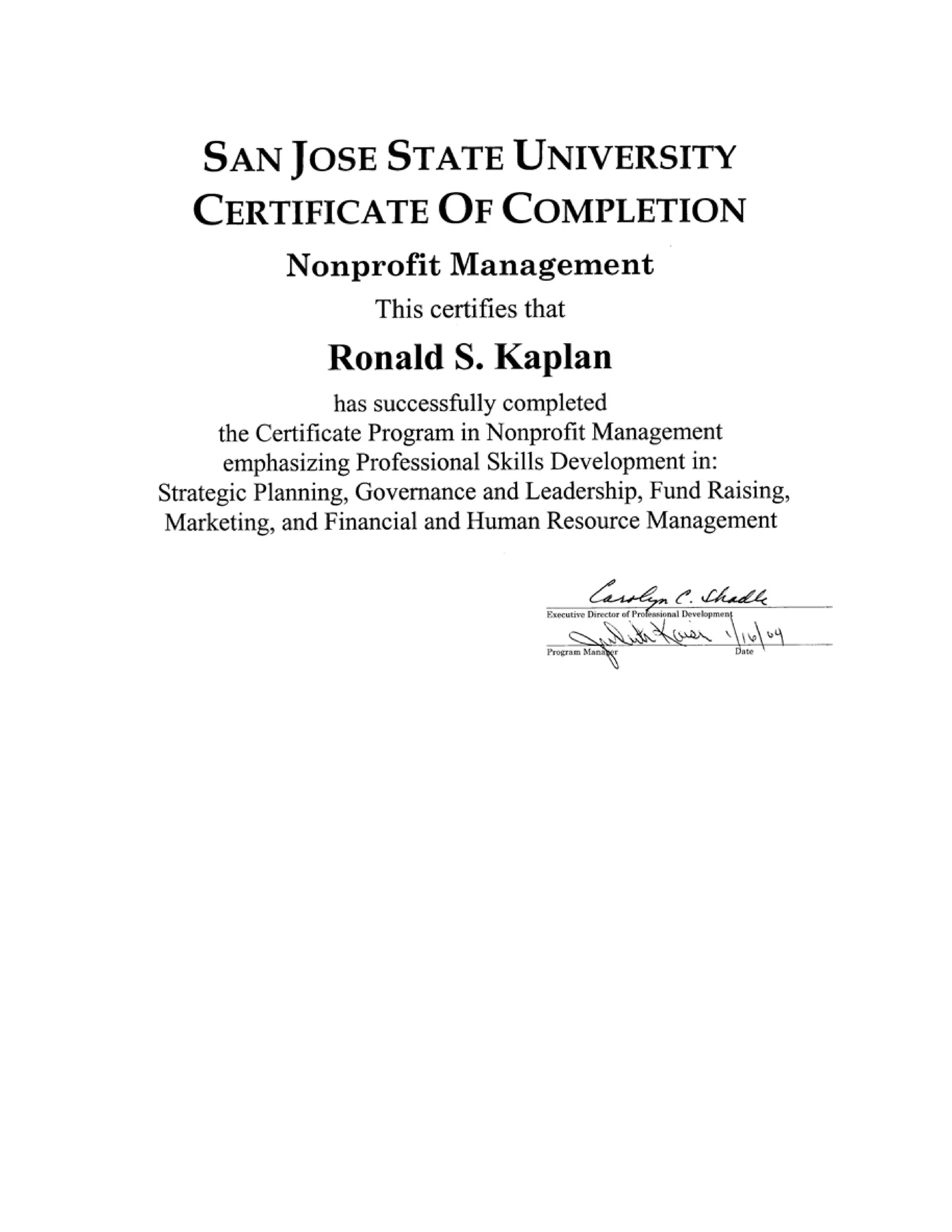 SJSU Certificate of Non-Profit Management | PDF
