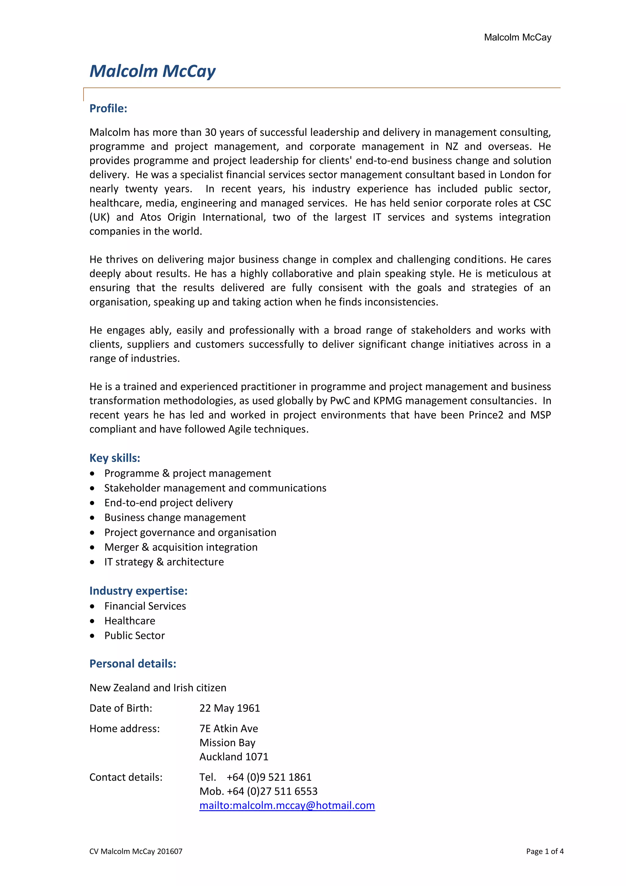 CV Malcolm McCay 201607 | PDF