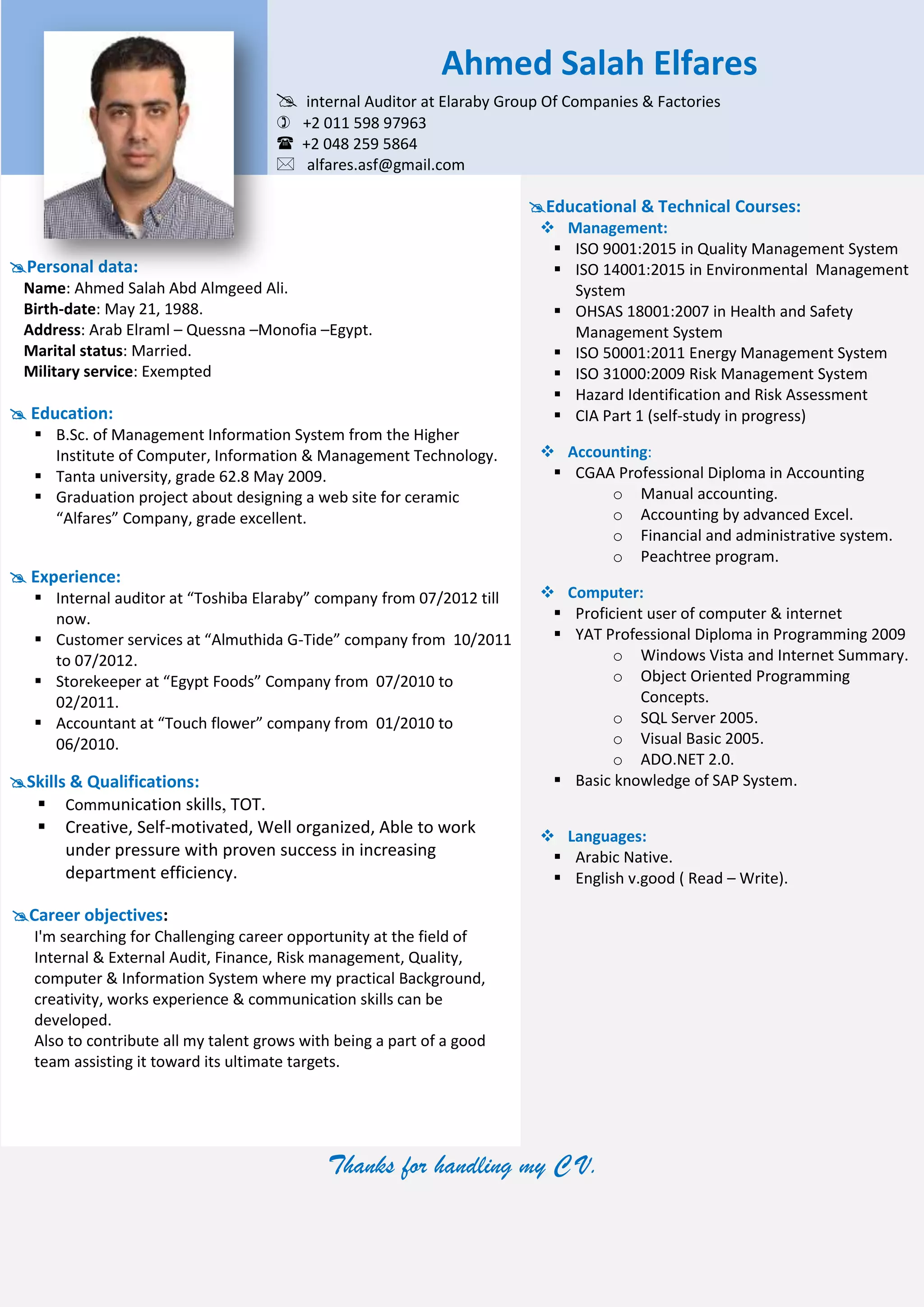 AHMED SALAH ELFARES white CV | PDF | Business Accounting & Finance | Business