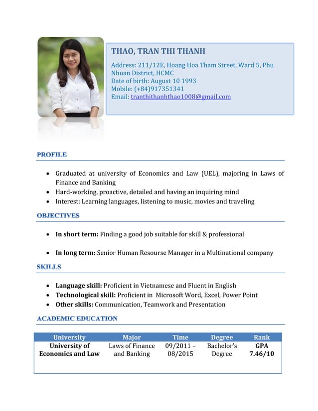 CV_Tran Thi Thanh Thao | PDF | Business | Business and Finance