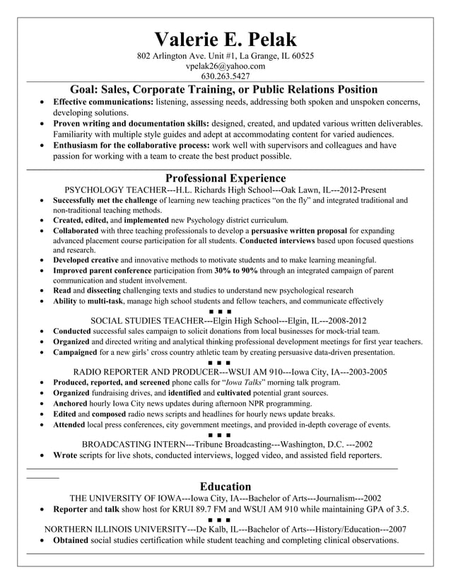 Resume Valerie Pelak media | DOC | Professional School | Postgraduate Education