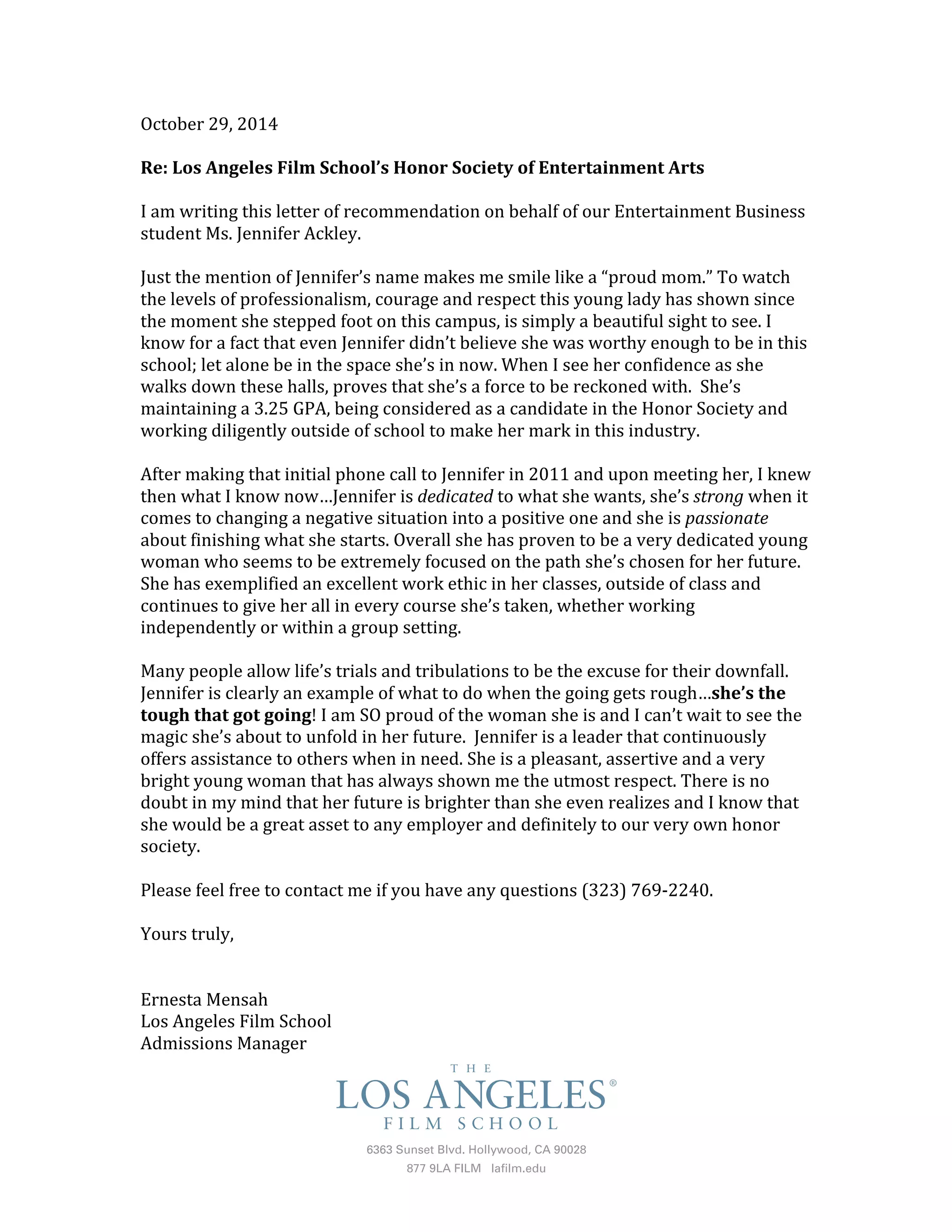 Jennifer Ackley- Ernesta's Letter of Recommendation | PDF