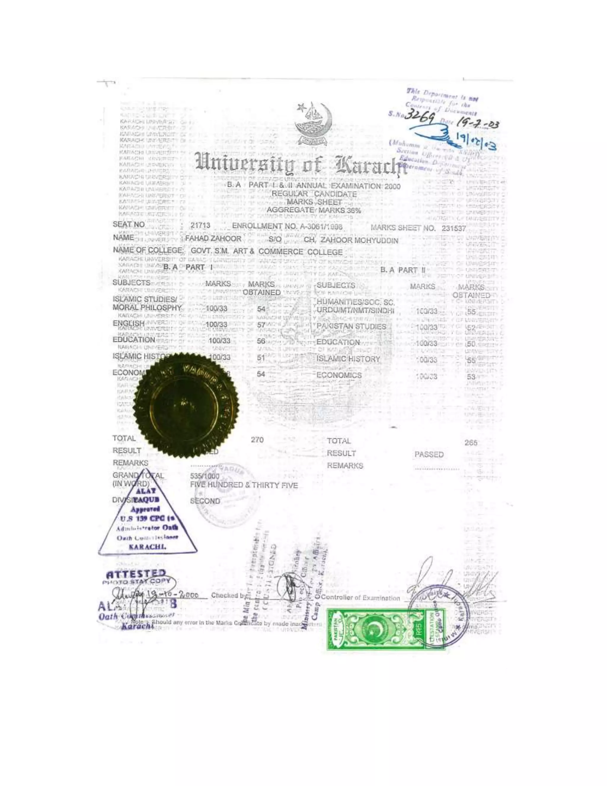 B.A. Mark Sheet Attested Certificate Fahad Zahoor | PDF