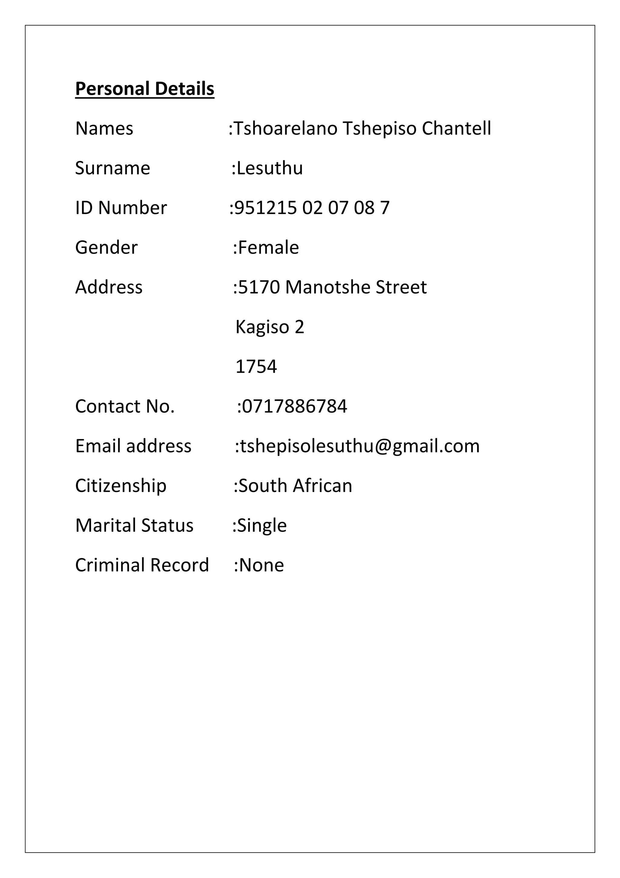 Tshoarelano Tshepiso Chantell Lesuthu | PDF