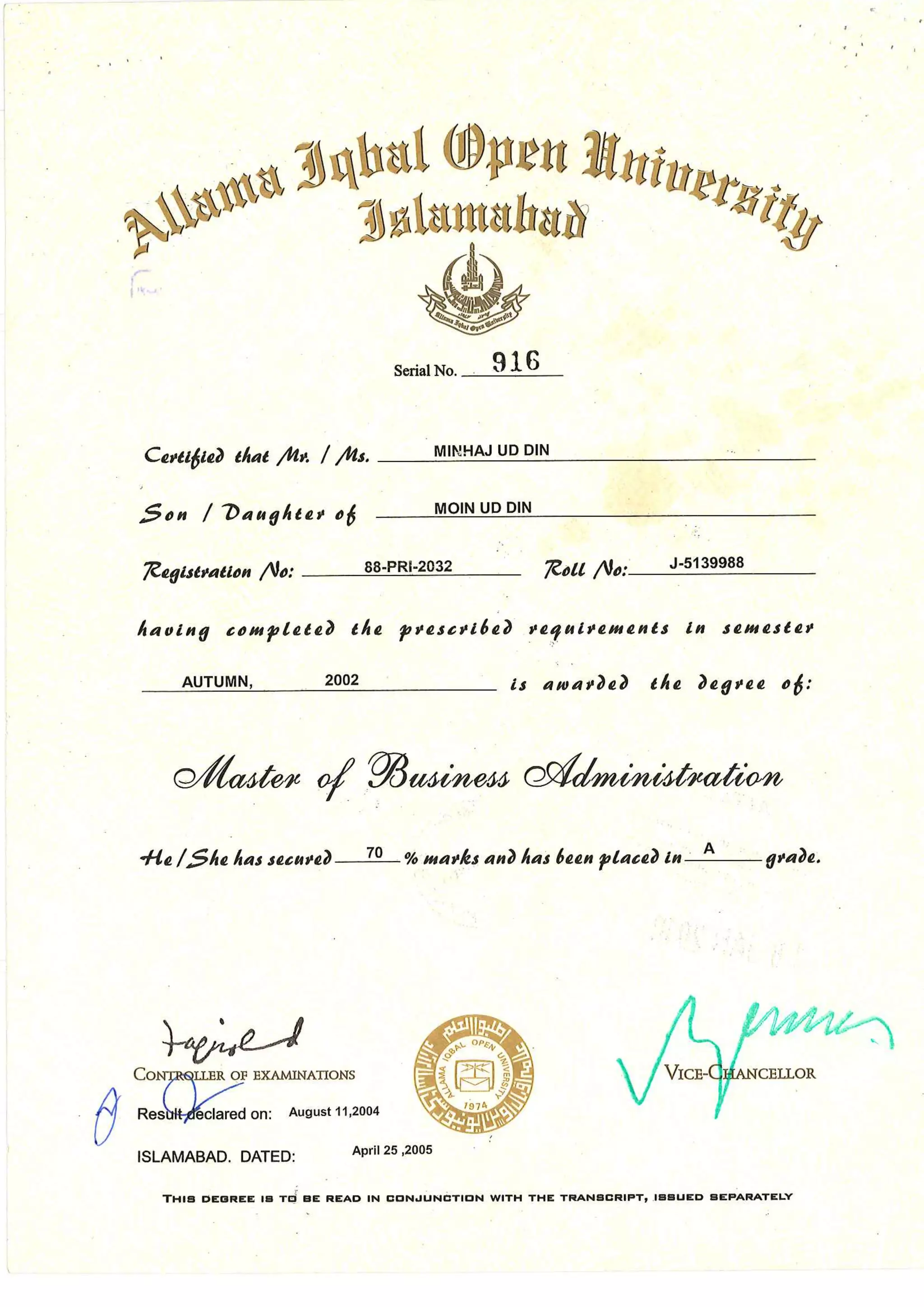 Minhaj MBA AIOU Pakistan Front Page | PDF