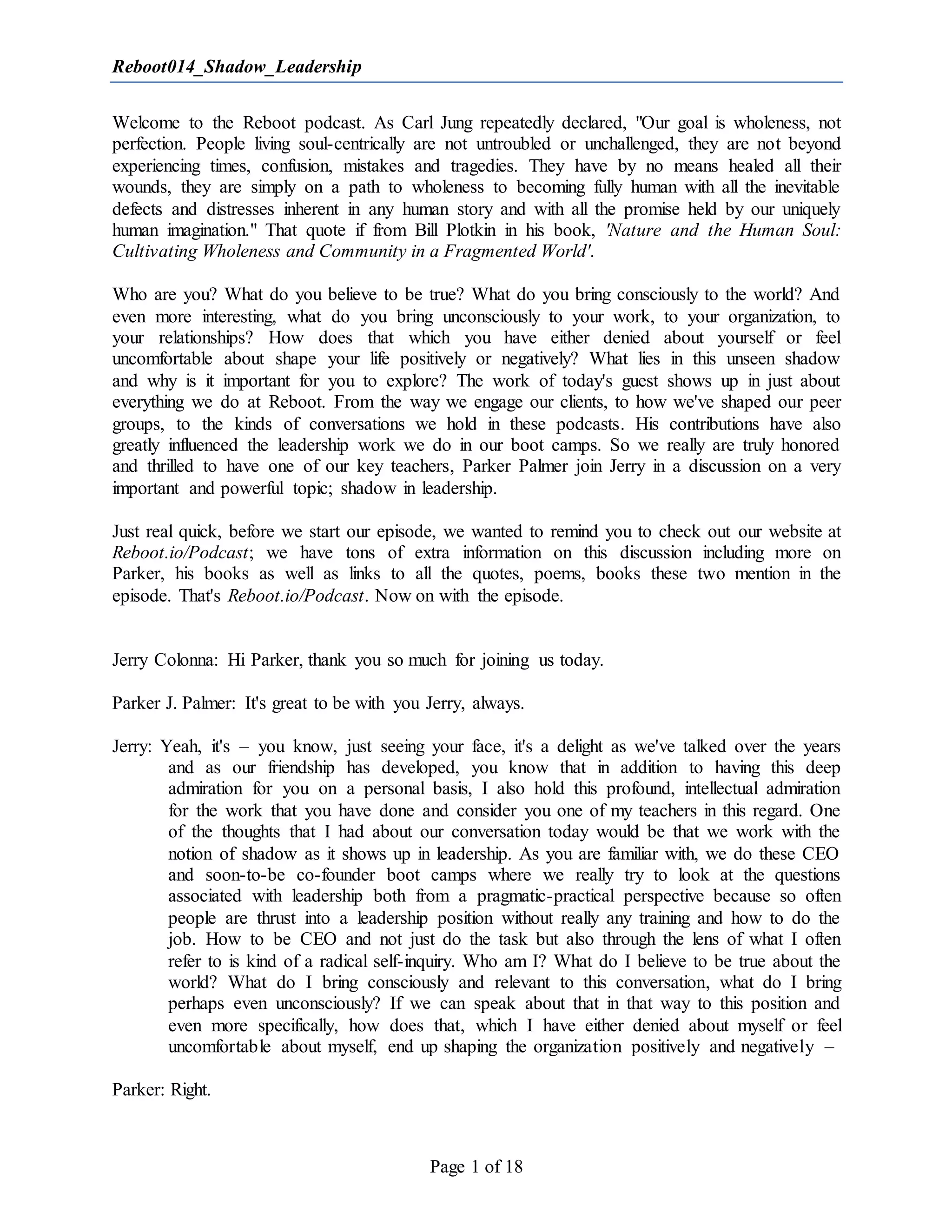 Reboot Podcast #14 - Shadow and Leadership - with Parker Palmer and Jerry Colonna | DOCX