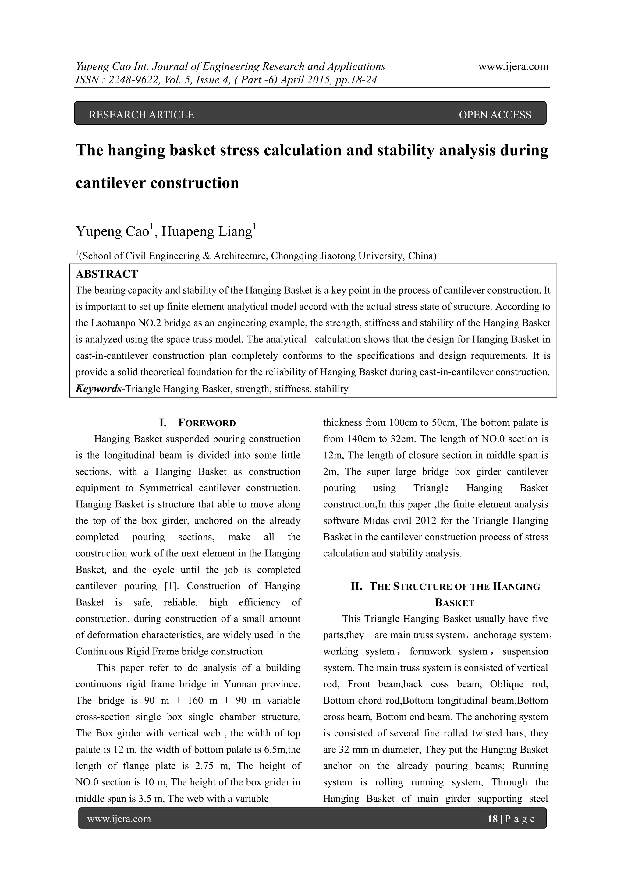 The hanging basket stress calculation and stability analysis during ...