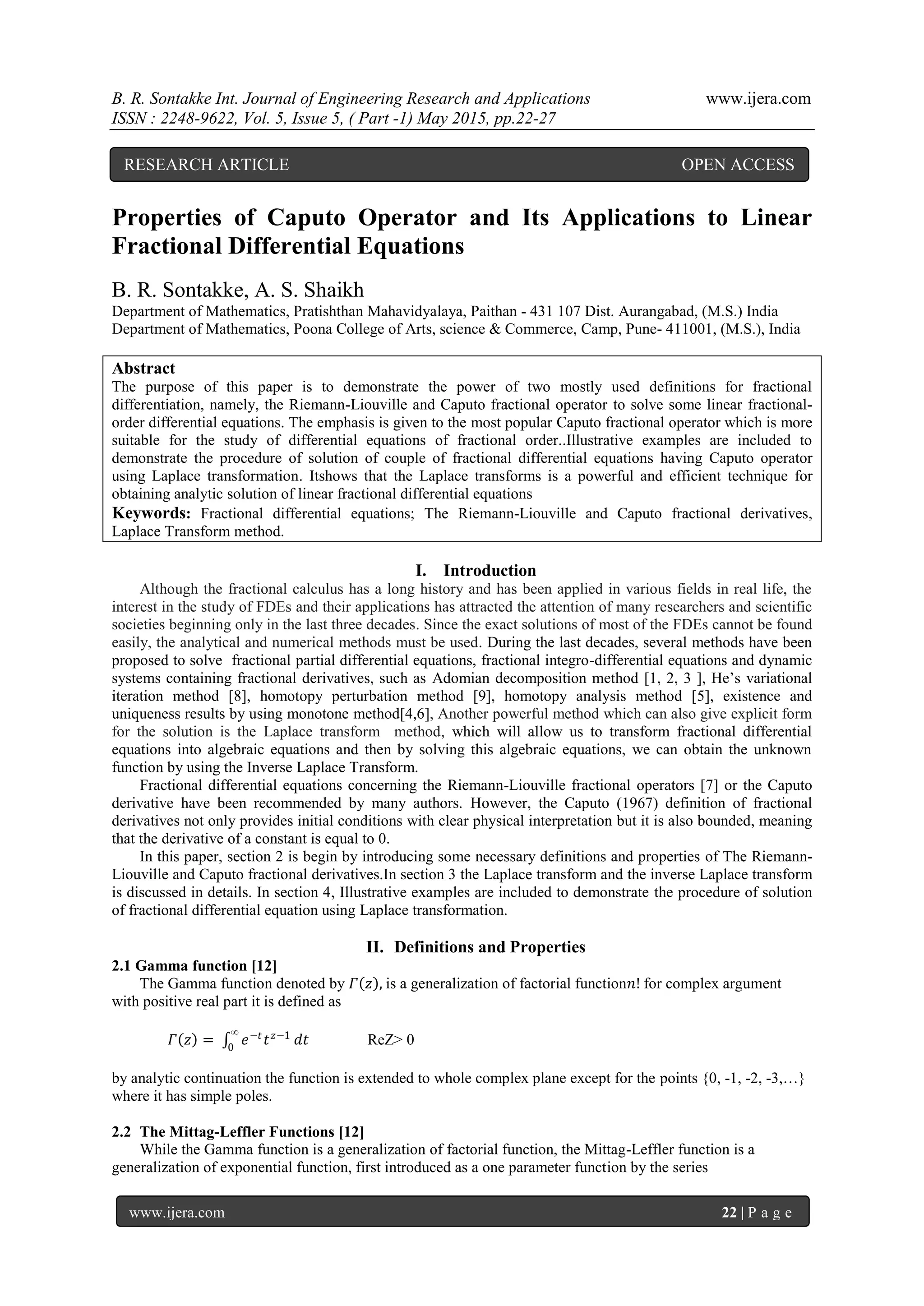 Properties of Caputo Operator and Its Applications to Linear Fractional Differential Equations | PDF