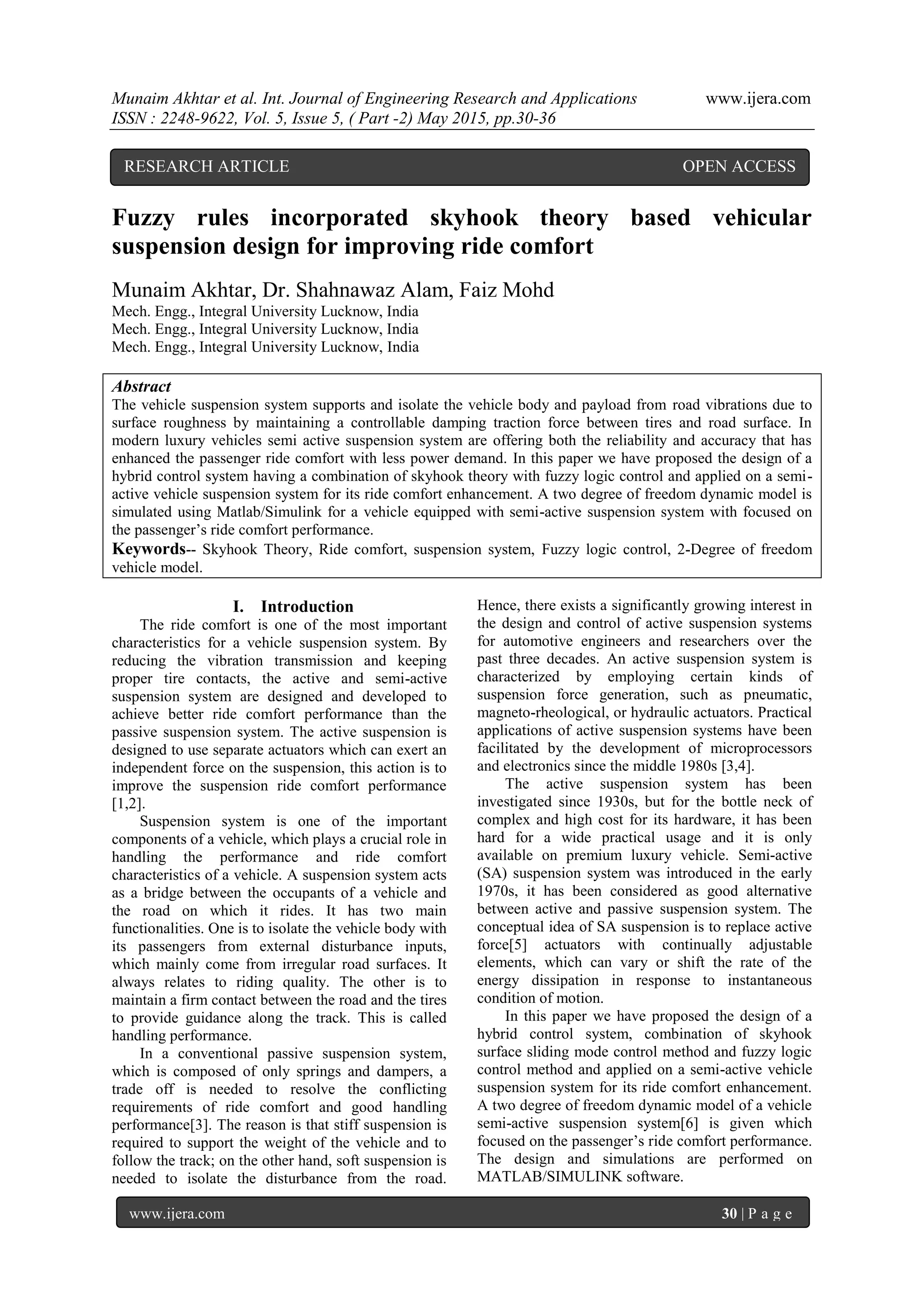 Fuzzy rules incorporated skyhook theory based vehicular suspension ...