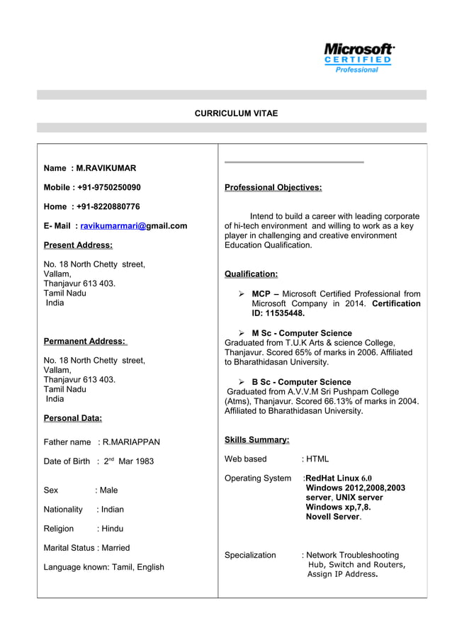 Ravi 2016 CV | DOC | Operating Systems | Computer Software and Applications