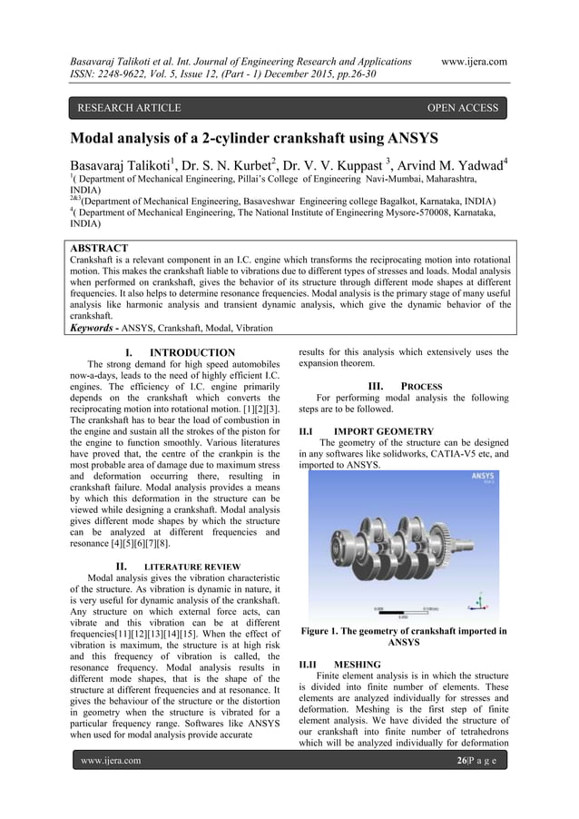 Modal analysis of a 2-cylinder crankshaft using ANSYS | PDF