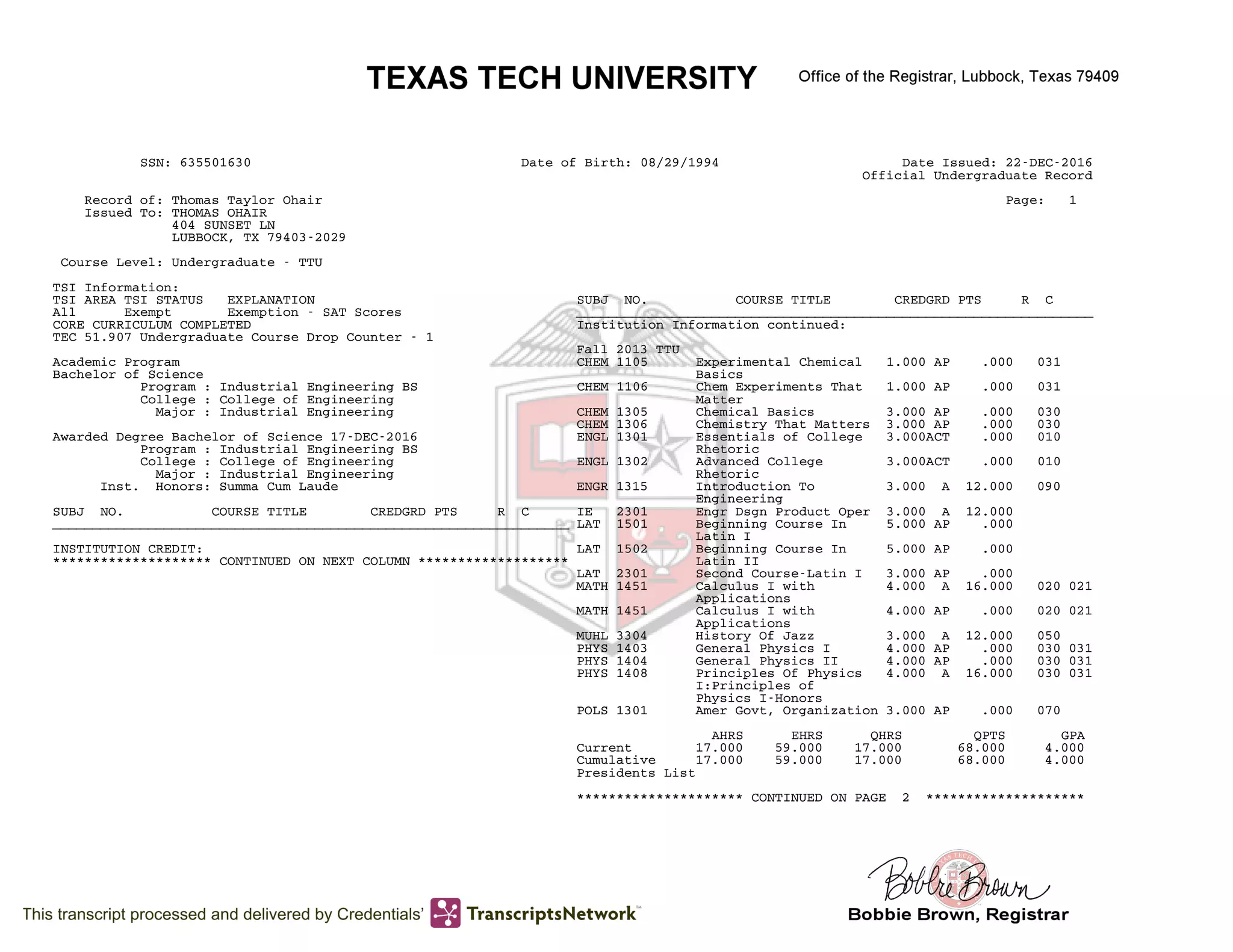 TTU Official Transcript | PDF