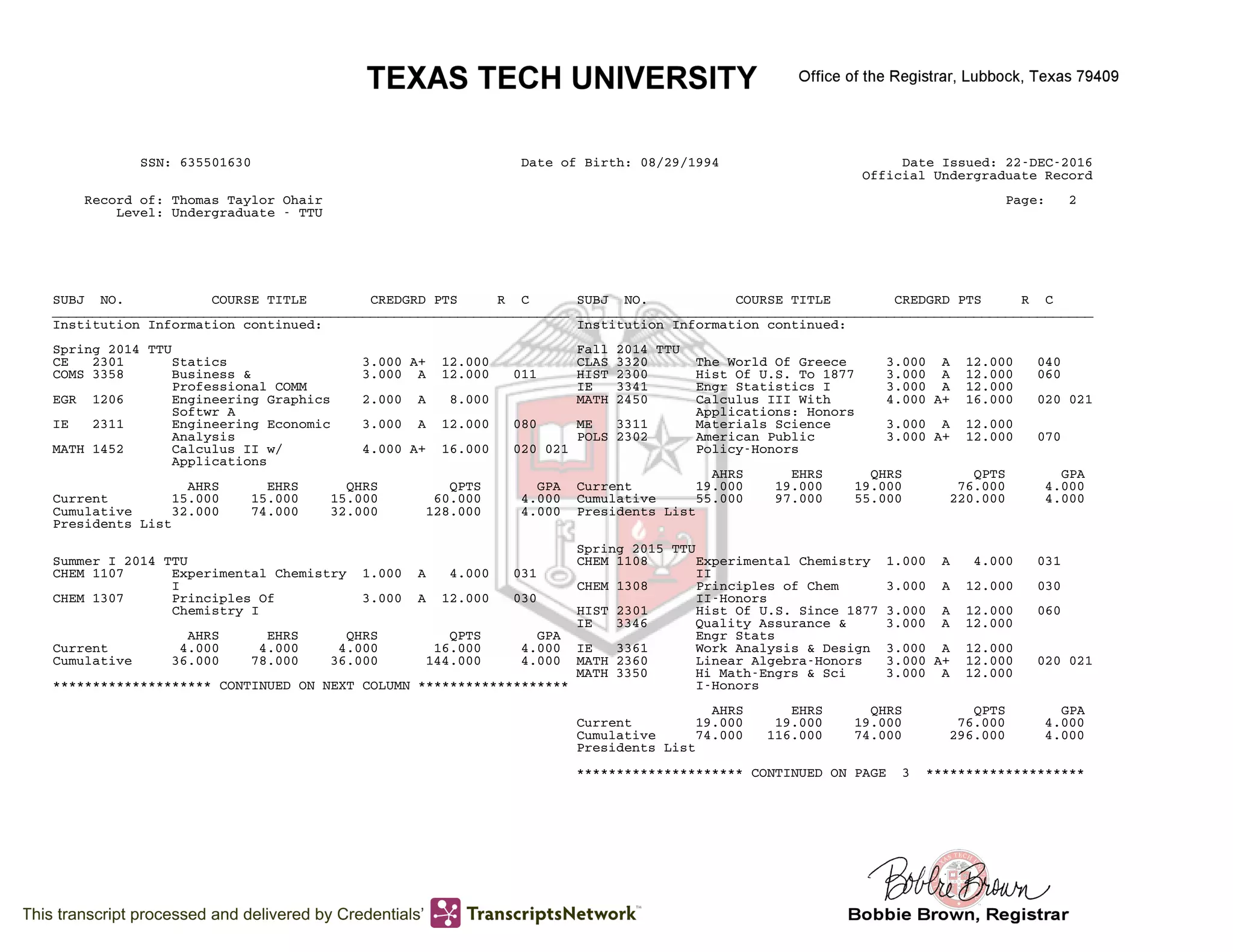 TTU Official Transcript | PDF