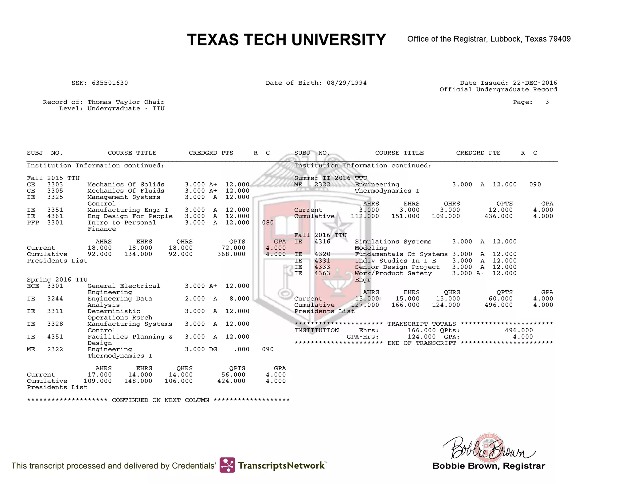 TTU Official Transcript | PDF