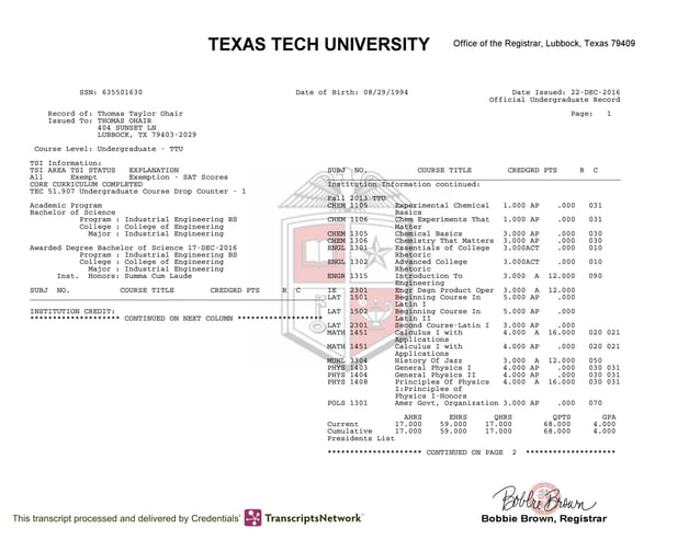 TTU Official Transcript | PPT