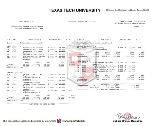 TTU Official Transcript
