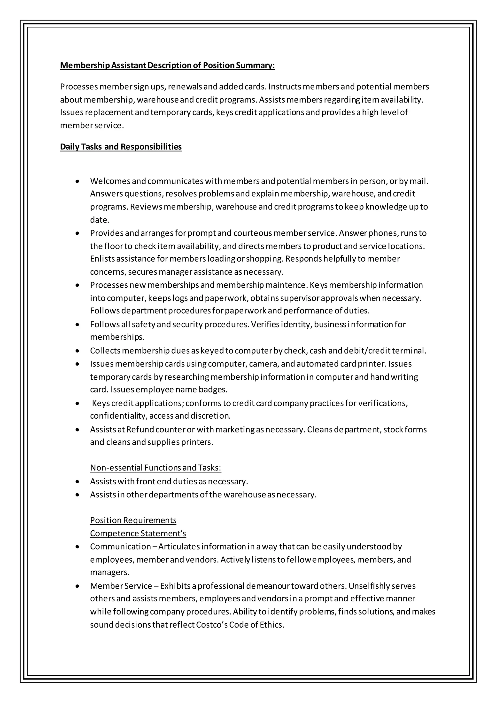 Membership Assistant Job Description | PDF