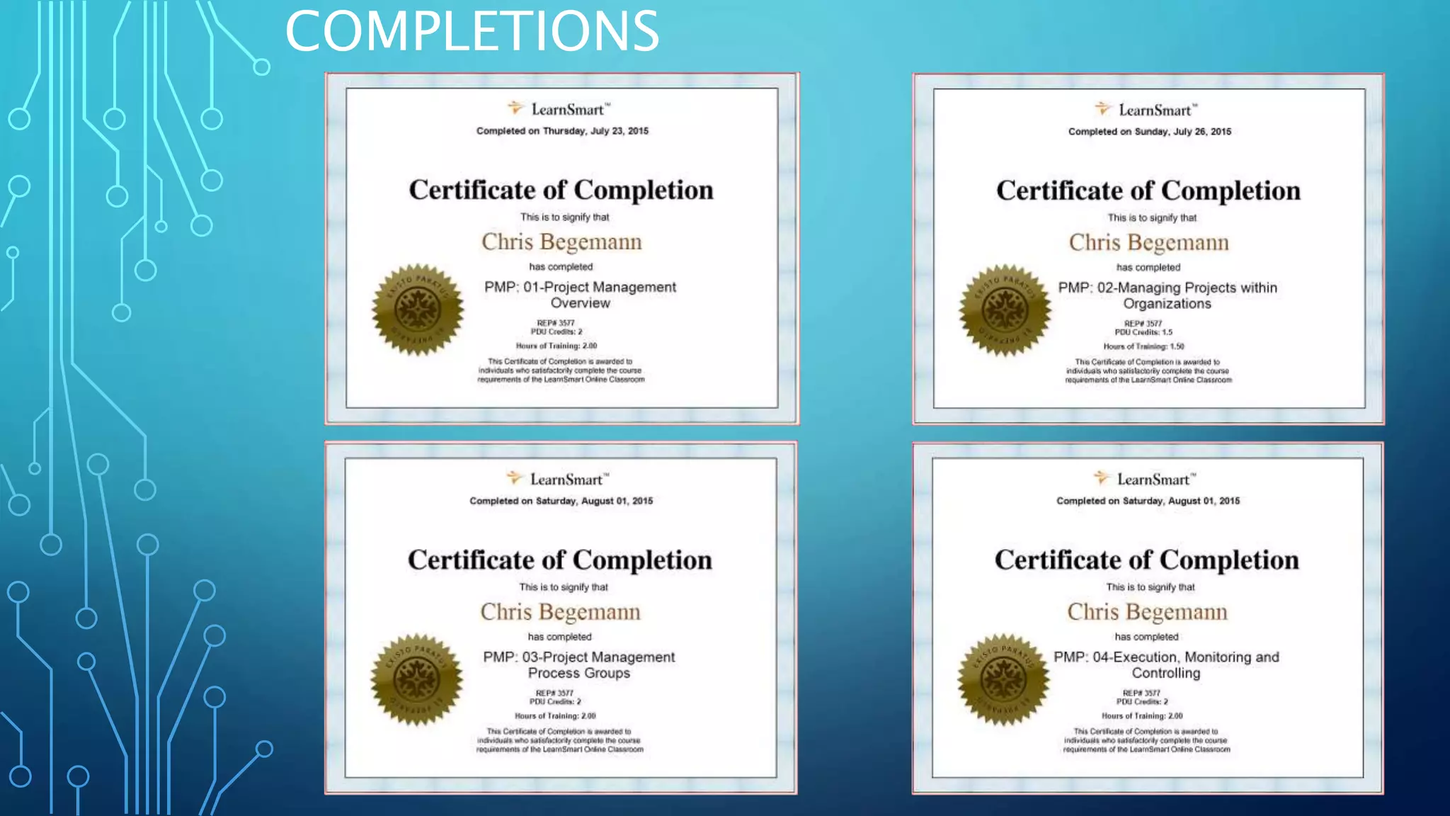 Learnsmart Certificate of completions for PMP | PPTX