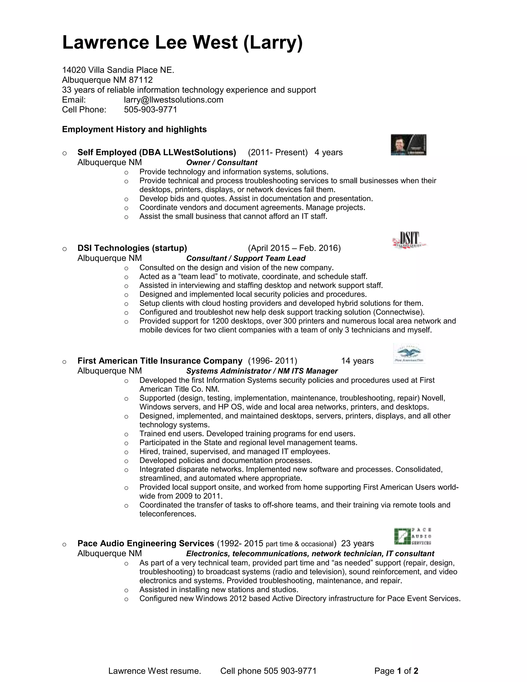 Resume Final - Larry West - 2016 | PDF