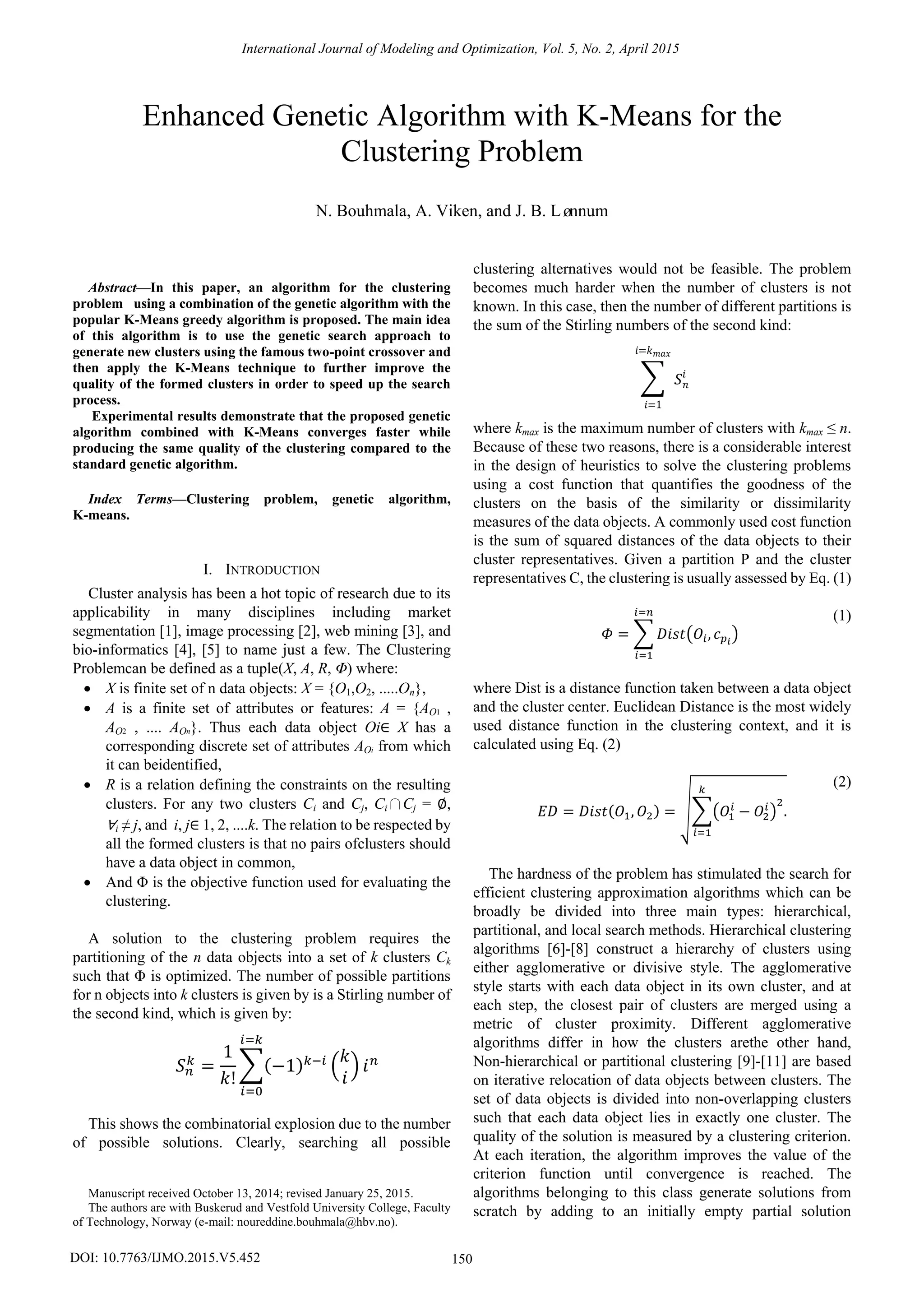 Enhanced Genetic Algorithm with K-Means for the Clustering Problem | PDF