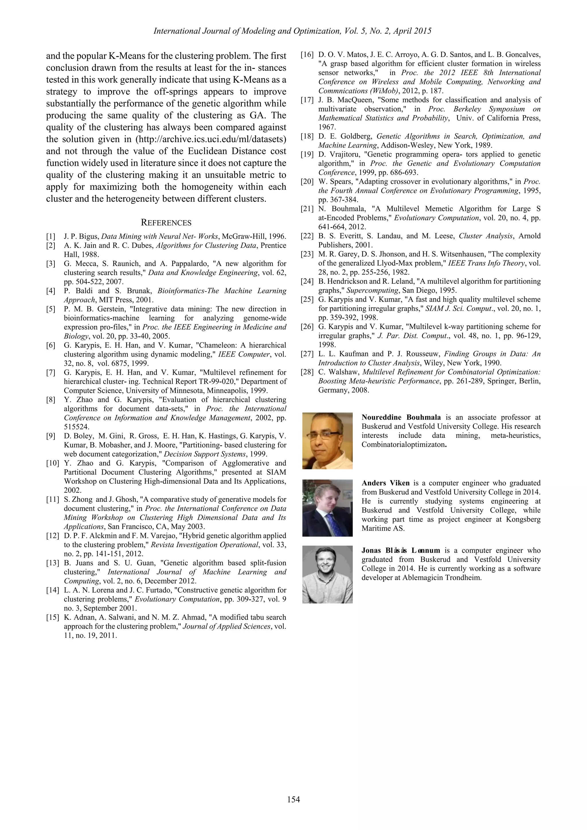 Enhanced Genetic Algorithm With K Means For The Clustering Problem Pdf