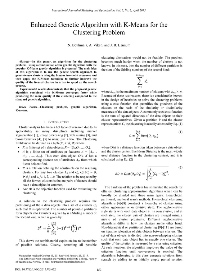 Enhanced Genetic Algorithm with K-Means for the Clustering Problem | PDF